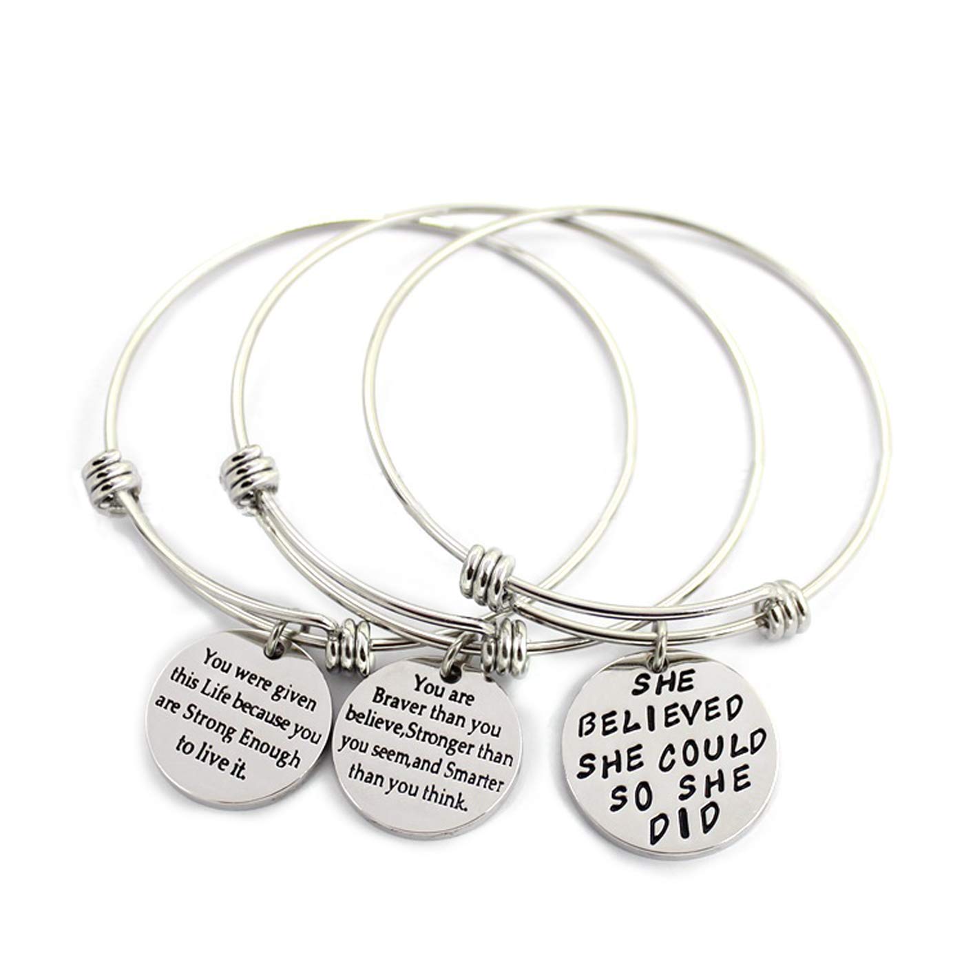 L.Beautiful 3 Pack Women Engraved Message Inspirational Words Round Charm Bracelets Set Expandable Silver Plated Stainless Steel Motivational Bangle Bracelet with Gift Box