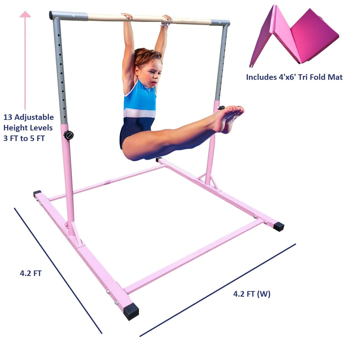 Kids Expandable Kip Bar with Tumble Mat Professional Horizontal Gymnastics Asymmetric Bar 4x6 FT Mat Jungle Gym Height Adjustable 3 to 5 FT Pink