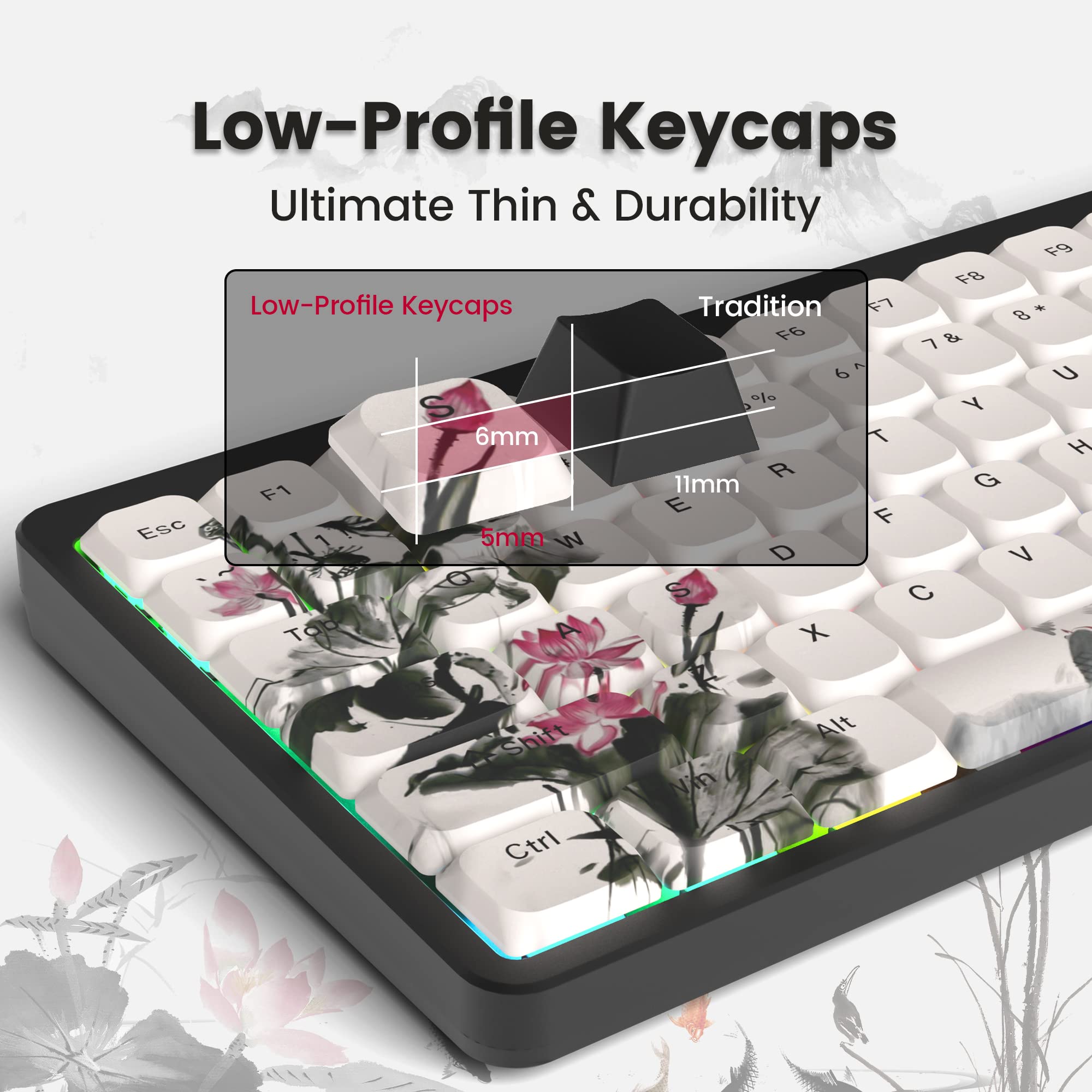 XVX Low Profile Keycaps - Lotus Keycap Set 116 Keys, DYE-Sub PBT Keycaps, Skyline Custom Keyboard Keycaps for 60% 65% 75% 80% 100% Cherry Gateron MX Switches Mechanical Keyboard