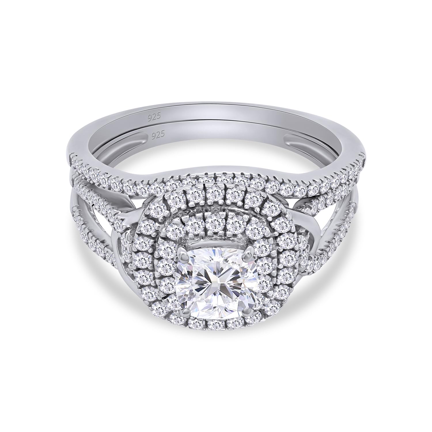 SAVEARTH DIAMONDS 1 CT Center 5MM Cushion & Round Cut Lab Created Moissanite Diamond Double Halo Split Shank Bridal Set Ring In 14K White Gold Over Sterling Silver(VVS1 Clarity)-9.5