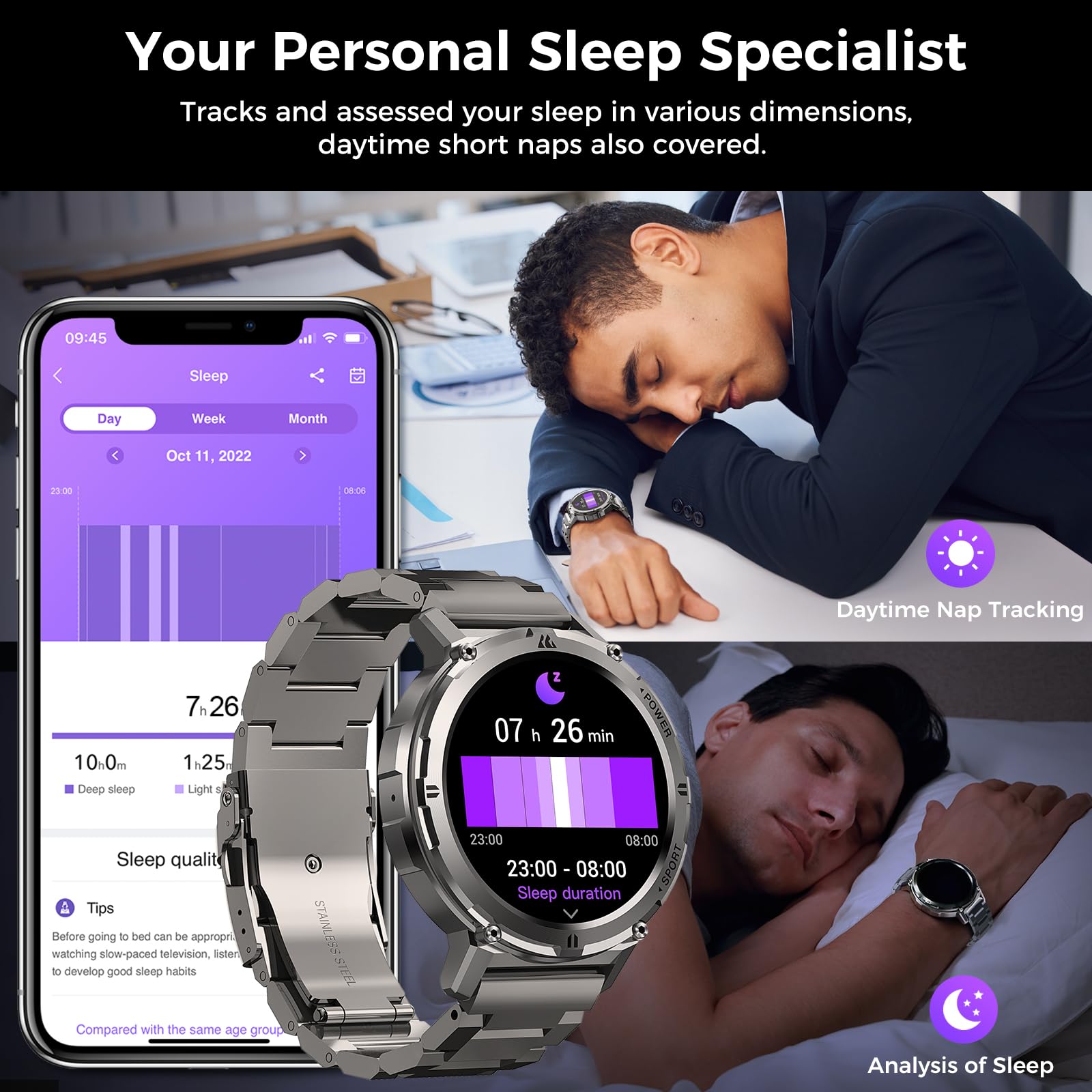 KOSPET Smart Watch for Men, 60 Days Extra-Long Battery, 50M Waterproof, AI Assistant 1.43β AMOLED Always-On Display Rugged Military Smartwatch Answer/Make Call for Android iPhone, Silver(2 Straps)