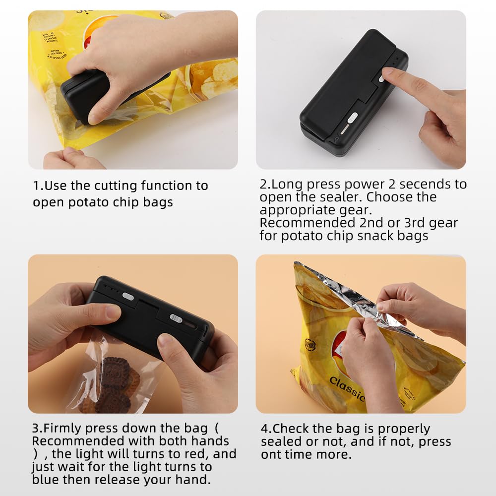 Mini Bag Sealer, USB Charger Potato Chip Bags Heat Sealer Capper, Reseals Snack Plastic Bag Heat Seal and Cutter, Sealing Machine Vacuum Impulse For Mylar Cereal Bags, Keep Food Fresh (Black)