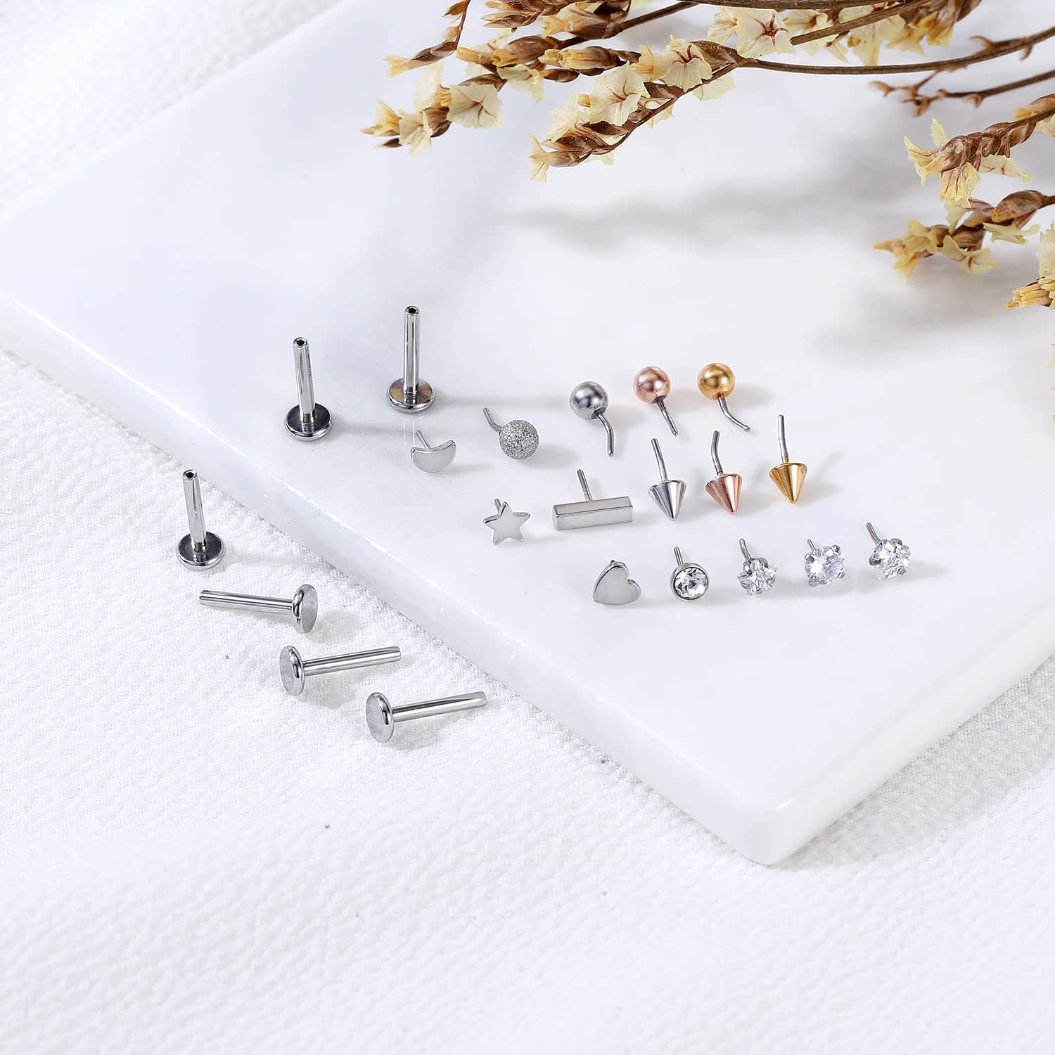 PunkTracker 16G DIY Threadless Cartilage Earring CZ Nose Piercings Nose Studs Surgical Steel Earrings Tragus Helix Conch Medusa Piercing Jewelry Lip Rings Labret Studs