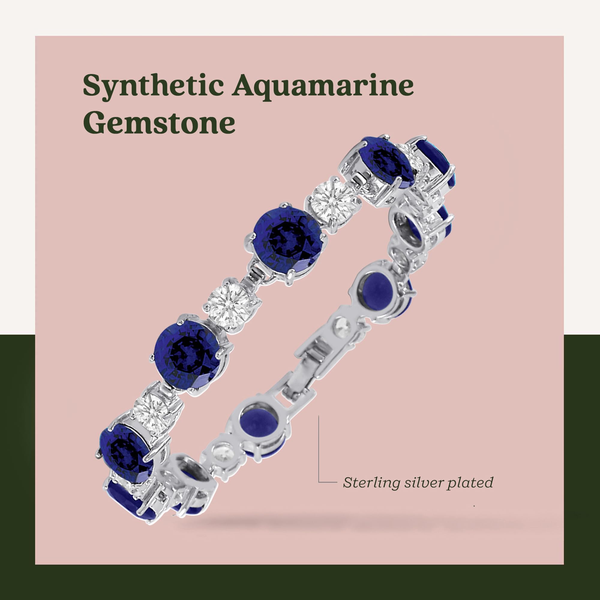 KEZEF Silver Plated Brass CZ Tennis Bracelet - Round 8mm Simulated Blue Sapphire & Round 5mm White CZ-7 Inch