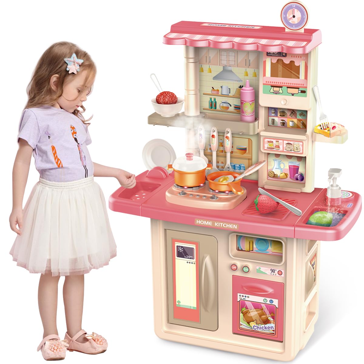 Kids Kitchen Playset, 34" Kitchen Set for Kids Ages 3-5 with Realistic Lights & Sounds, Simulation of Spray, includes Toy Kitchen Accessories, Pretend Play Kitchen Toy