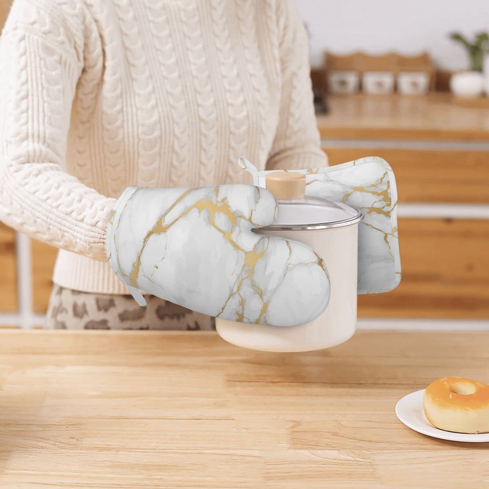 Oven Mitts and Pot Holders Marble White Gold Silicone Kitchen Accessories Set of 4 Heat Resistant Long Gloves Potholder Non-Slip Grip for Chef Cooking,Baking,Grilling,BBQ
