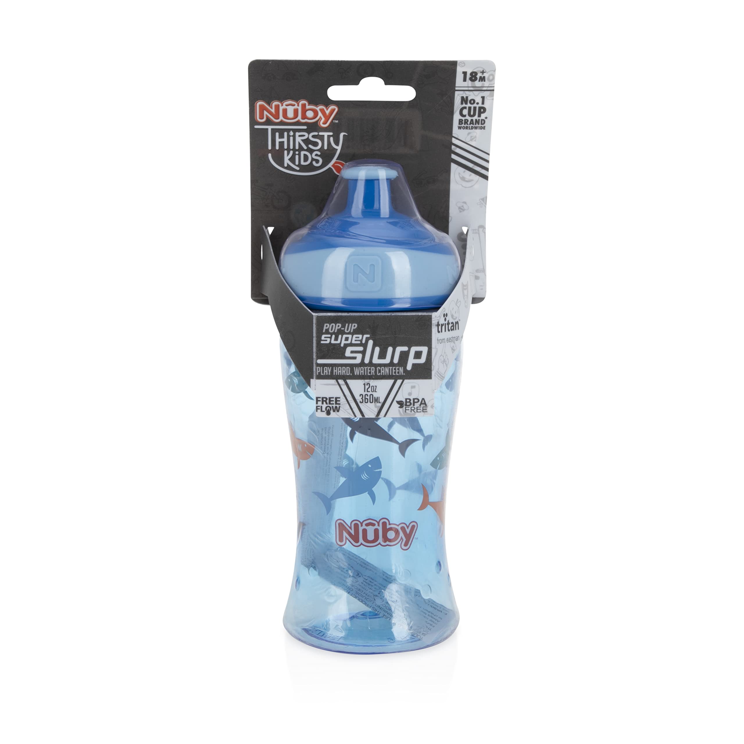 Nuby Printed Kids Pop Up Sipper Water Bottle, Colors May Vary, 1 Pack, 12 Oz., Multi