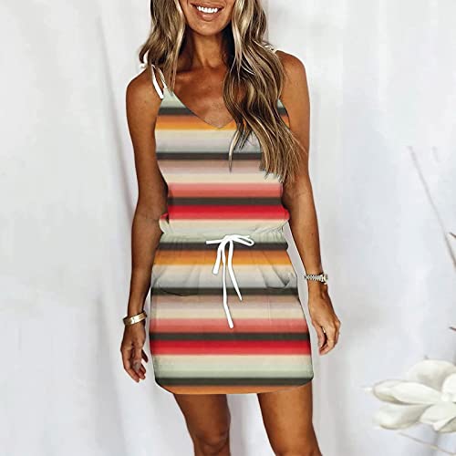 Sequin Women Stripe Dresses Rainbow Mini V Neck Dress Spaghetti Strap Sleeveless Summer Drawstring Tank Tuxedo