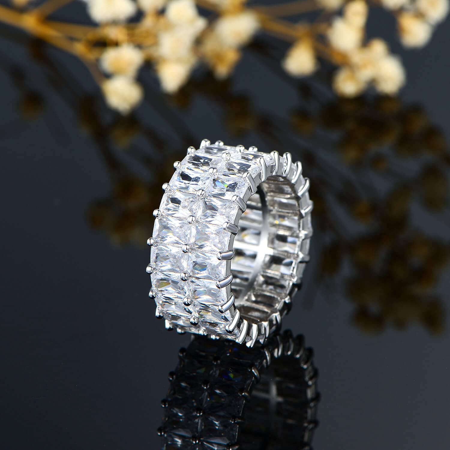 OPOMOMO Eternity Ring Wedding Bands,18K Gold Plated 2 Rows Emerald Cut Iced Out Lab Diamond Band Rings for Women Men (A- White gold plated, 8)