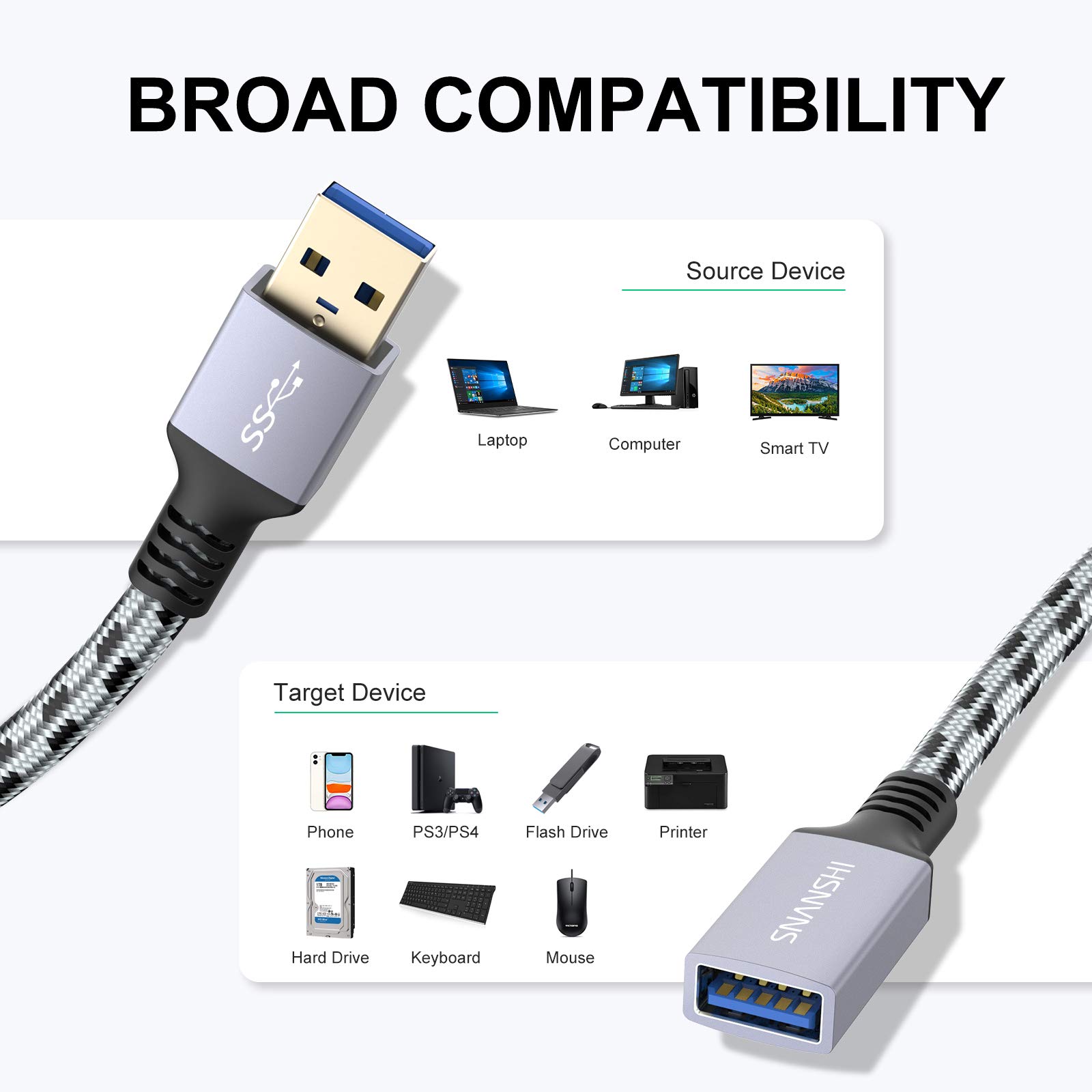 SNANSHI USB Extension Cable 1 ft Short USB 3.0 Extension Cable [Aluminum Shell, Nylon Braided] USB Extension Heavy Duty USB Extension Cord USB Male to Female Short USB Extender - 2PACK