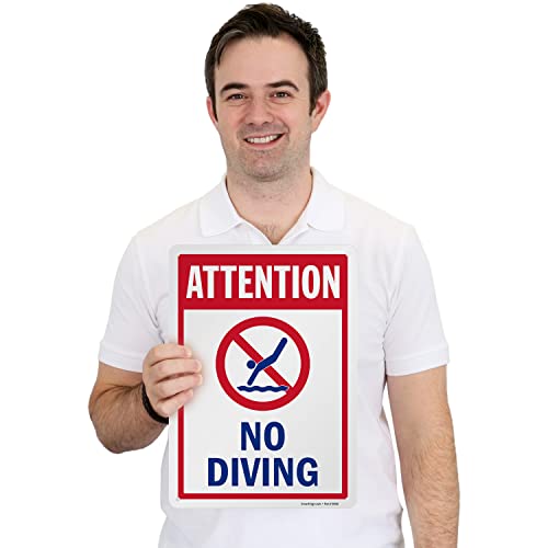 SmartSign 14 x 10 inch โAttention - No Divingโ Pool Metal Sign, 40 mil Laminated Rustproof Aluminum, Red, Blue and White