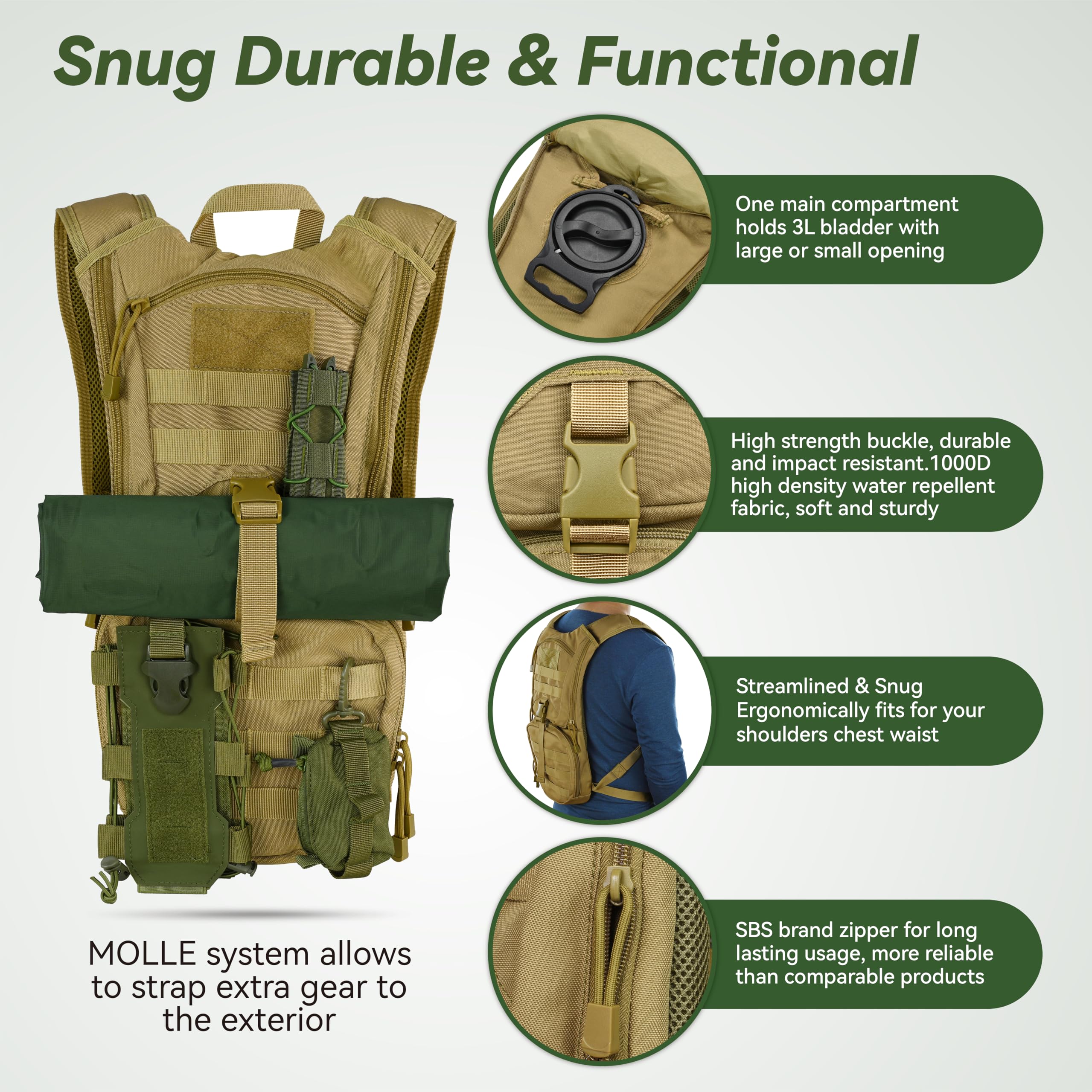 MARCHWAY Tactical Molle Hydration Pack Backpack with 3L TPU Water Bladder, Military Daypack for Cycling, Hiking, Running, Climbing, Hunting, Biking (Tan)