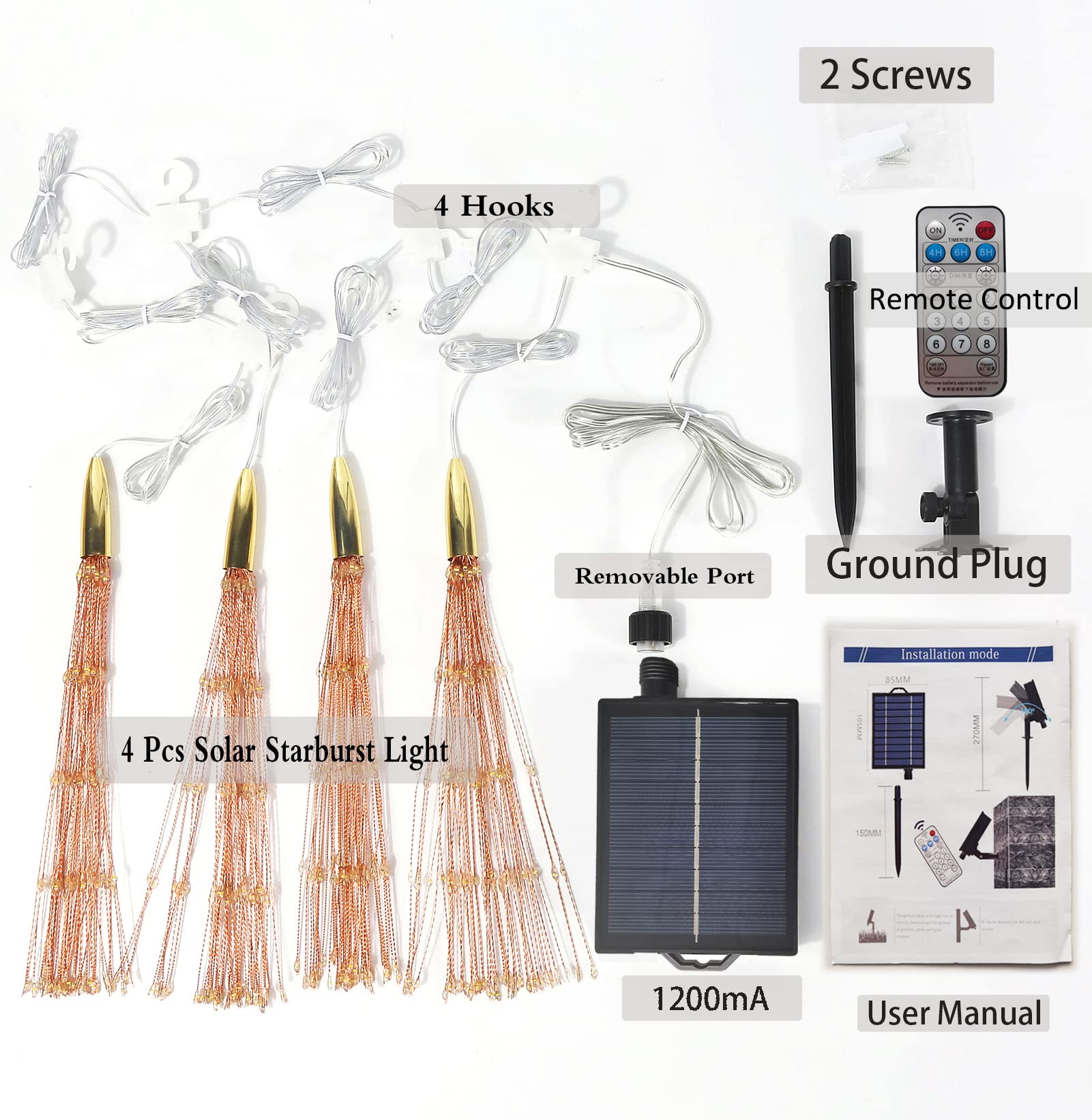PXBNIUYA 4 Pack 800 Led Solar Starburst Sphere Lights,Firework Lights Remote Control Timer 8 Modes Dimmable Waterproof Hanging Fairy Light, Sparkly Lights for Patio Party Tent Christmas (Warm White)