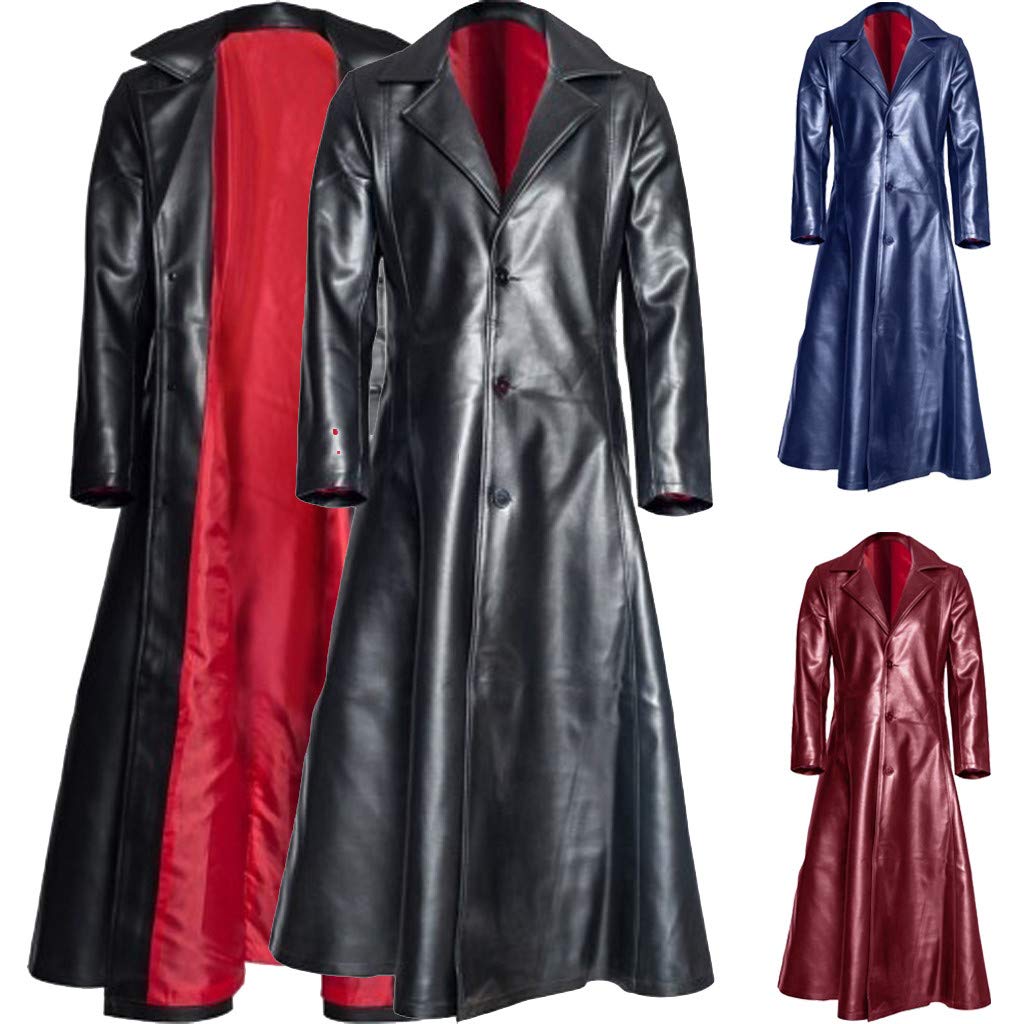 Mens Retro Leather Vintage Long Coat Trench Steampunk Gothic Jacket Overcoat (L, Dark Blue)