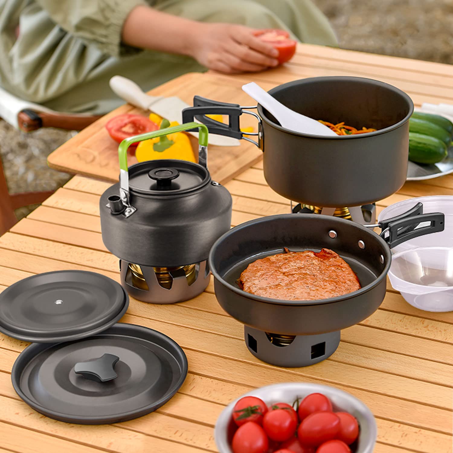 Odoland 15pcs Camping Cookware Mess Kit, Camping Cooking Set, Portable Nonstick Camp Pots and Pans Set with Kettle, Plates Bowls for Outdoor Camping, Picnic, Hiking, Backpacking