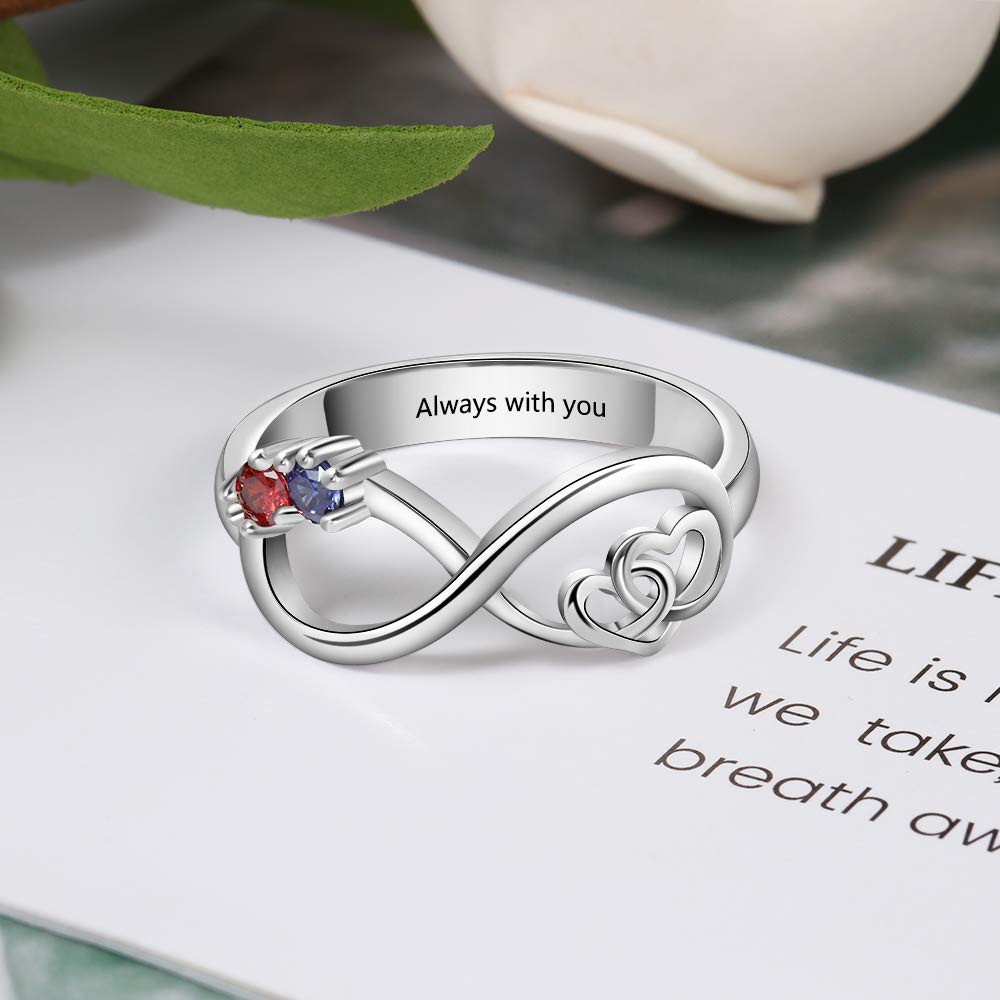 Molywoo Personalized Infinity Symbol Rings Double Hearts Best Friend Promise Rings with 2 Round Shape Simulated Birthstones Engraved Name Rings for Women Love Forever (6)