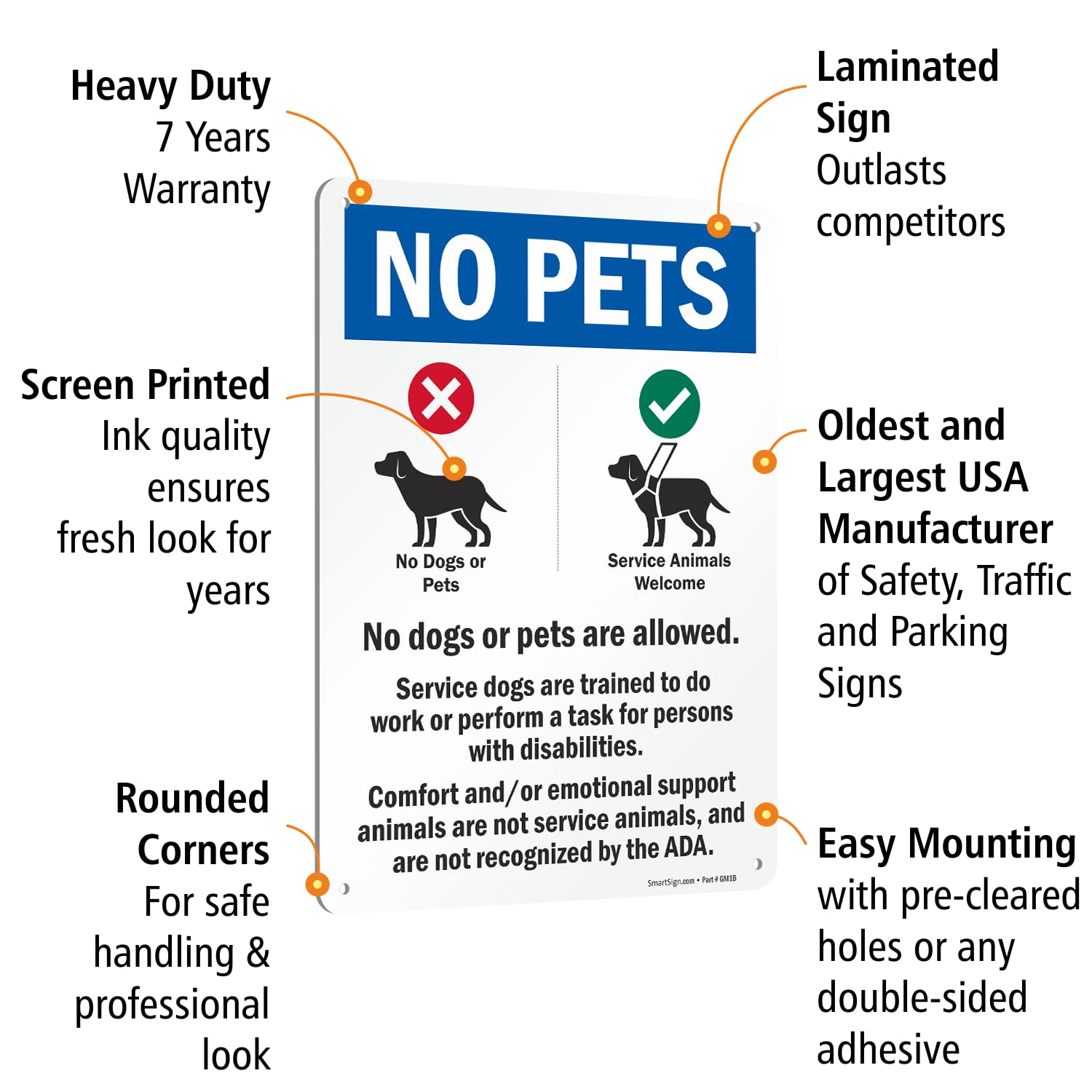 SmartSign 14 x 10 inch “No Pets - No Dogs Or Pets Allowed, Comfort/Emotional Support Animals Not Service...” Metal Sign, 40 mil Laminated Rustproof Aluminum, Multicolor