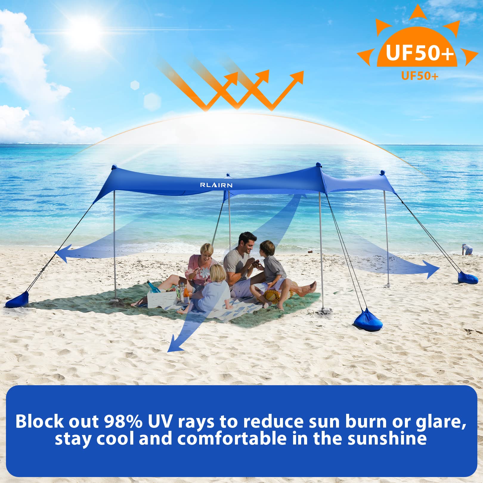 RLAIRN Beach Canopy Tent Sun Shade, Portable Beach Sun Shelter UV Protection Beach Shade Easy Setup with Poles for Beach, Camping, Backyard, Picnics (Blue 7×7 Ft with Rope) (Deep Blue 10×10 FT)