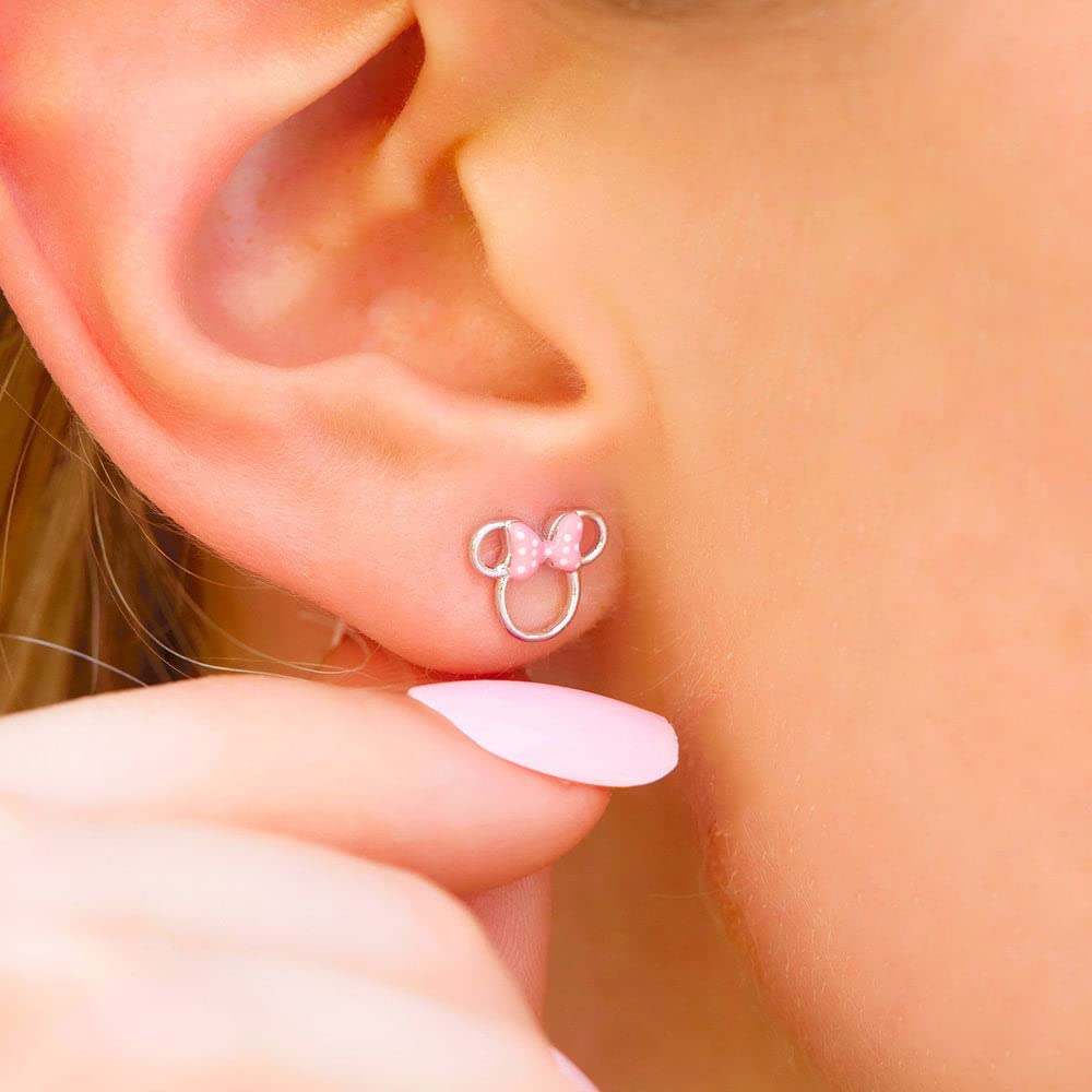 Pura Vida Silver Disney Minnie Mouse Cutout Stud Earrings w/Pink Bow Enamel - Brass Base, Sterling Silver Posts - 1 Pair
