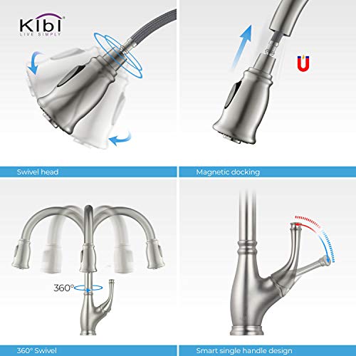KIBI Summit Single Handle Pull Down Faucet for Kitchen Sink | Solid Brass High Arc Faucet Spout | 360 Degree Swivel Faucet with Pull Down Sprayer (Brushed Nickel) (KKF2009) (Soap Dispenser included)
