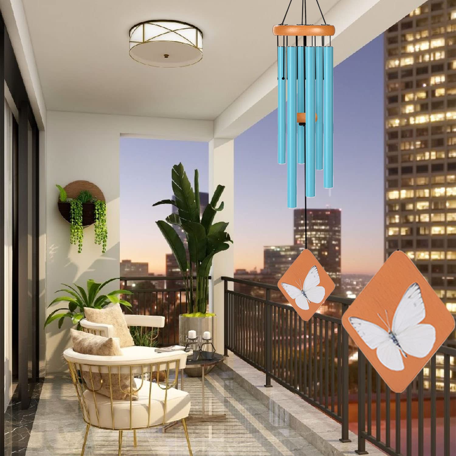 LGEGE Wind Chimes for Outside,White Butterfly Aluminum WindChime with Turquoise Blue Tubes, Unique Creative Outlook, for Father’s Day (32inch)