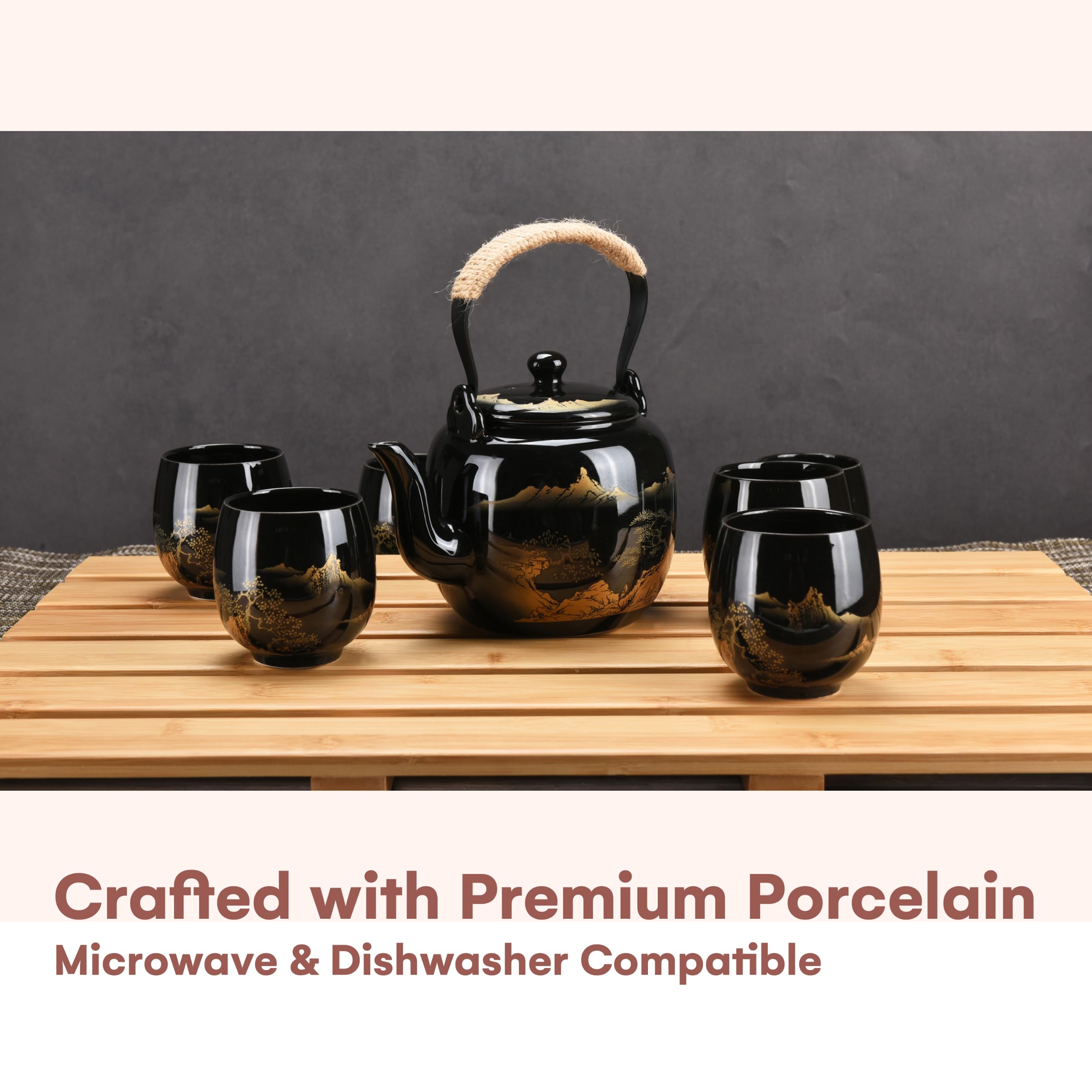 Kitchtic Japanese Porcelain Tea Set: Authentic Ceramic Teapot & Cups - Elegant Design for Tea Parties and Daily Use - Microwave & Dishwasher Safe - Ideal Gift for Tea Enthusiasts - 7 Pcs - Black