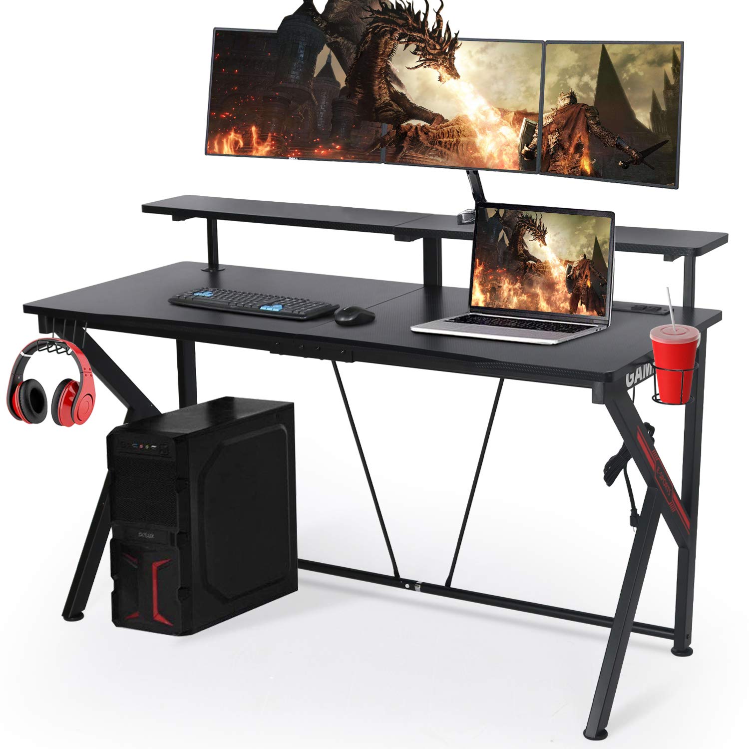 LYNSLIM Black Computer Gaming Desks - 55” W x 23” D Computer Table with Display Support Plate Cup Holder and Headphone Hook Large Surface E-Sport Gamer Workstation Desk Table for Home Office PC