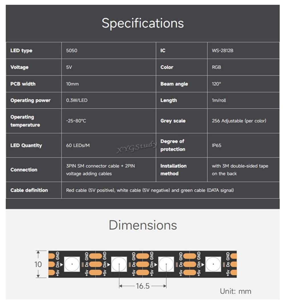 XYGStudy Programmable Energy-Saving WS2812 Digital RGB LED Strip with High Brightness, Low Power Consumption and Cuttable 1M