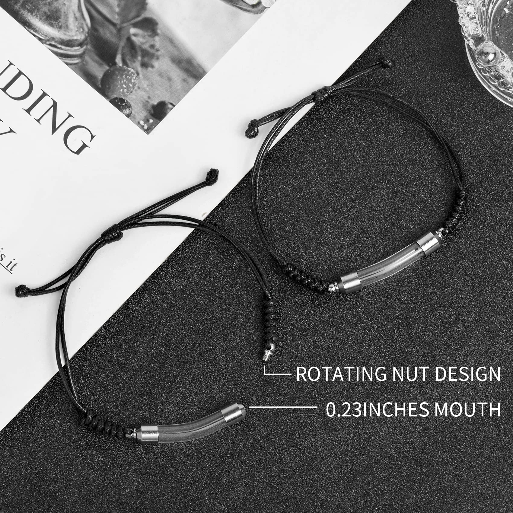 Retebuy 2PCS/Set Couple Rope Bracelets Memorial Bracelets Bangle Adjustable Transparent Glass Tube Bracelet,Double Black