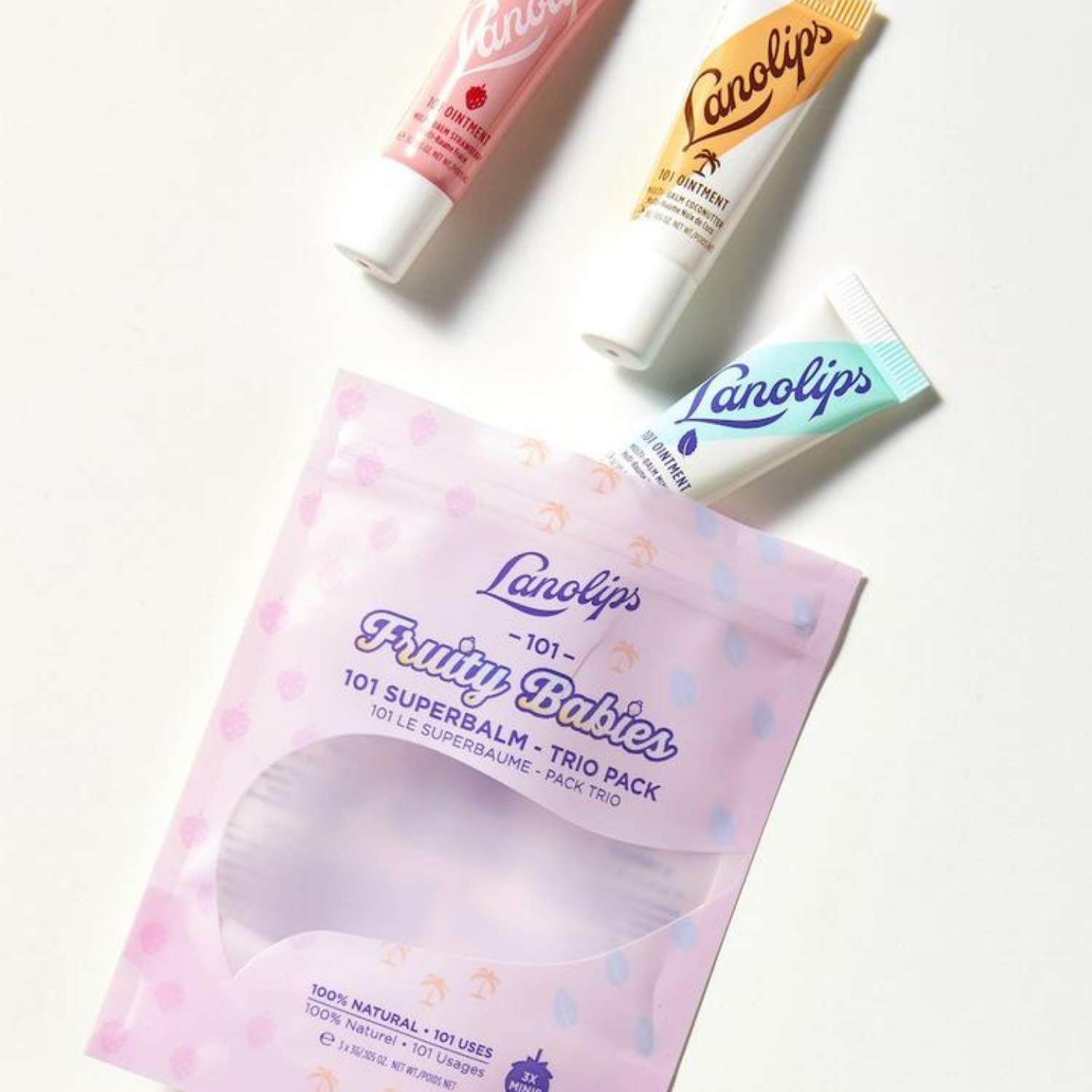 Lanolips 101 Fruity Babies Trio Stocking Stuffers - Lanolin Skin Care Gift Set - Strawberry, Minty, and Coconutter Multipurpose Balms for Dry Lips and Skin - Clean, Cruelty-Free (3g / 0.105oz each)