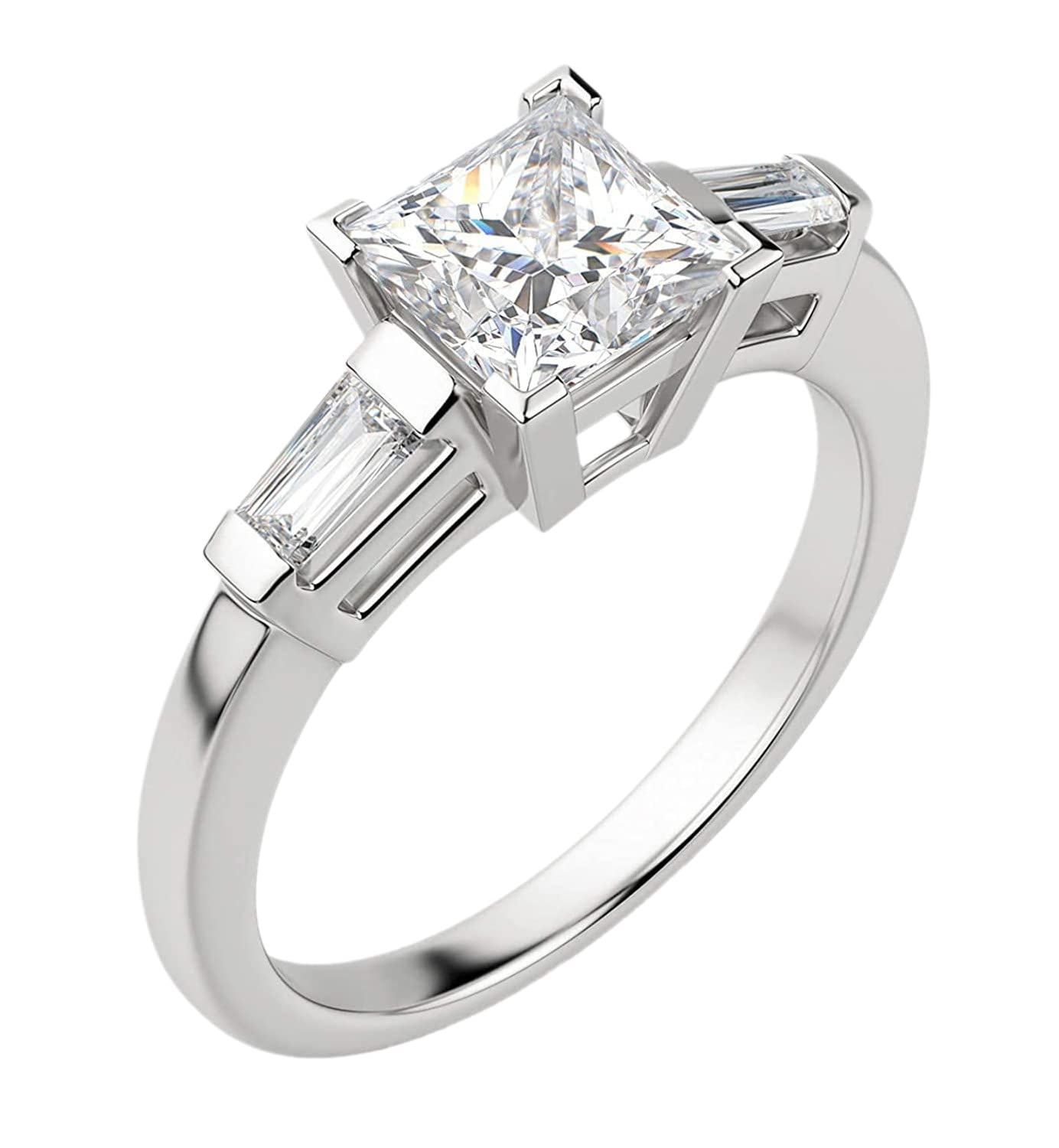 RITZIN Beautiful Princess & Baguette Cut White Moissanite Diamond Three Stone Ring Crafted In 925 Sterling Silver or 10K 14K White Gold Ring (14K Gold, US6)