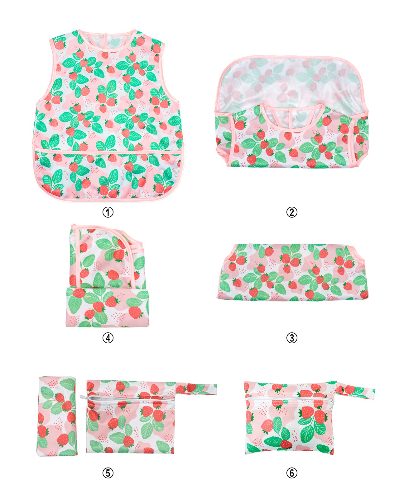 Mumsbest Waterproof Bibs for Baby Girl, 2 Pack Toddler Feeding Smock Bibs for Eating with Food Catcher & 1 Wet Bag (L:2-4Years, Pink)
