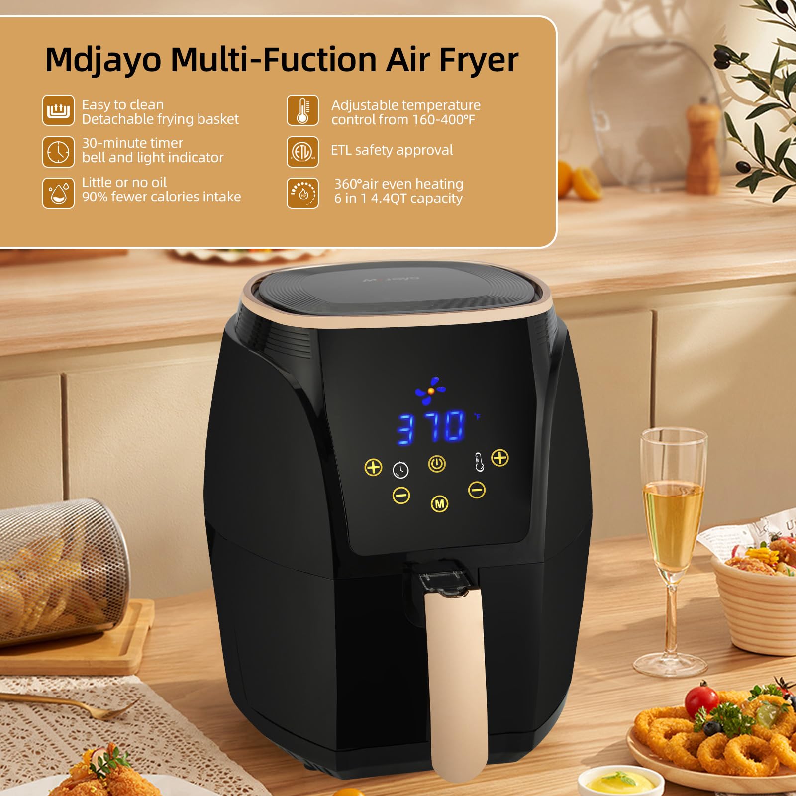 Mdjayo 4.4qt Air Fryer, Compact Oil Free Cooker, Smart Deep Airfryer Oven, 7-In-1 Digital LCD Touch Screen, Double Detachable & Dishwasher Safe Basket, Best Kitchen Accessories, Black