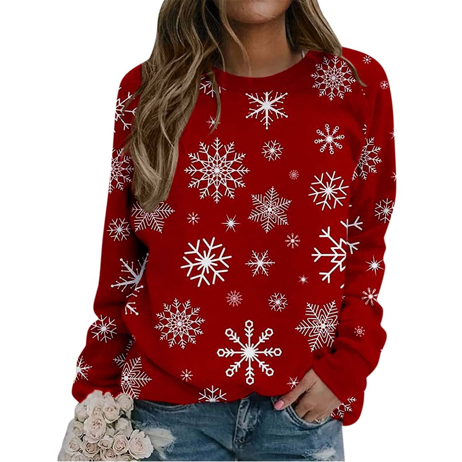 mnevn Fall Christmas Long Sleeve Sweatshirt, Shirt Tops for Women Casual Snowflake Print Crewneck Pullover Fashion Blouses Red