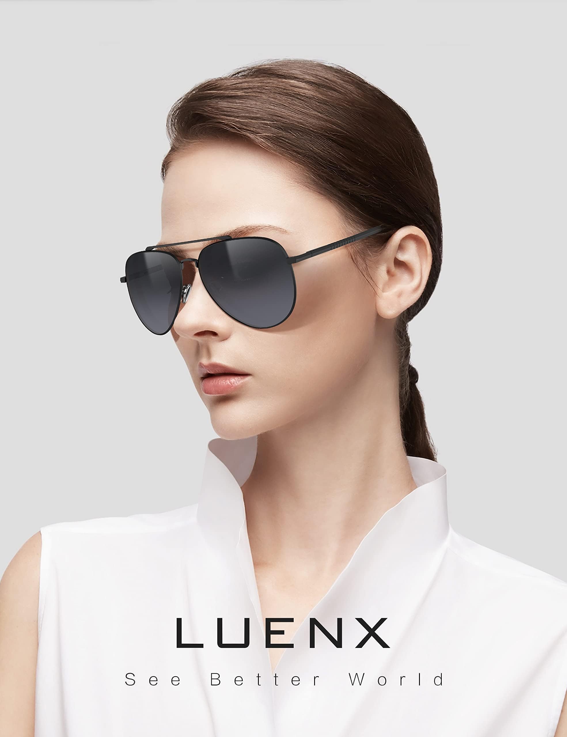LUENX Aviator Sunglasses for Mens Womens Polarized Driving Eyewear Gradient Black Lens Metal Black Frame 60mm UV400 Protection Classic Style