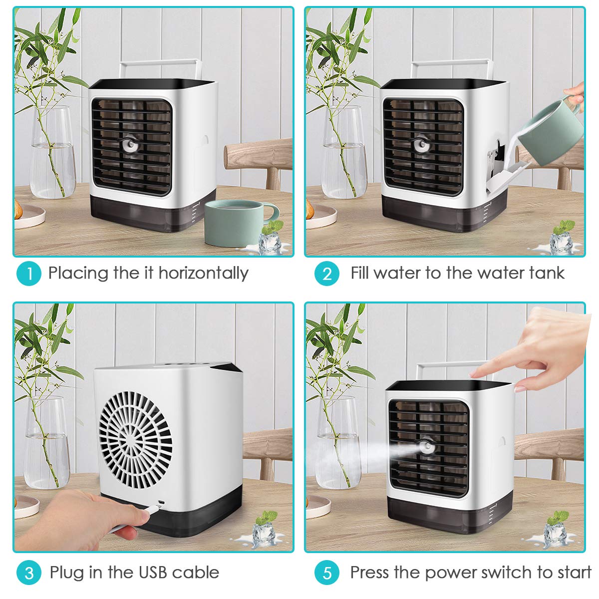 Sticque Portable Air Conditioner, Evaporative Personal Cooler Humidifier, 3 Speeds, 7 Colors LED Light, Freon Free Ice Fan with Handle, Misting Fast Cooling Desktop for Room, Office, Study
