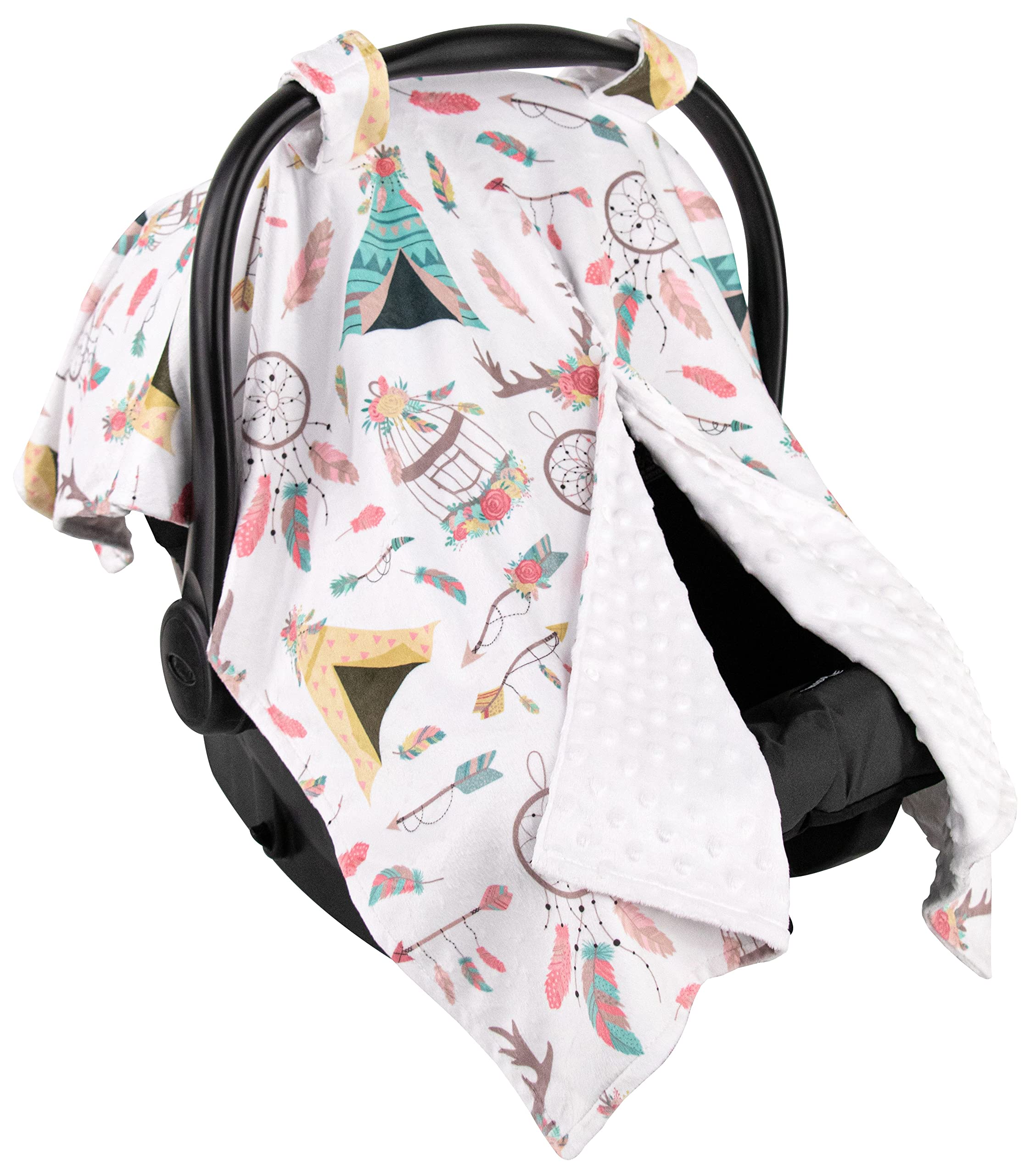 Top Tots Deluxe Minky Baby Car Seat Cover - Owls and Arrows, 40 x 29 Inch Peach