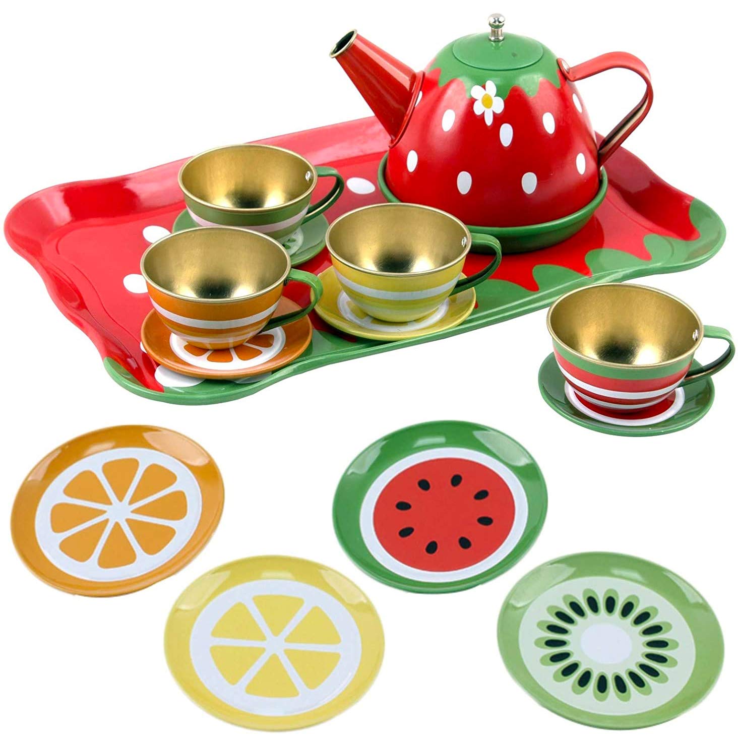 Kids Fruit Themed Tin Tea Party Toy Set - Metal Teapot and Cups for Childrens Kitchen Pretend Play (14 Pieces)