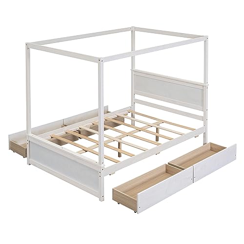Wood Canopy Bed with 4 Storage Drawers, Full Size Canopy Platform Bed Frame with Headboard & Footboard for Kids Girls Boys, No Box Spring Needed (Brushed White)
