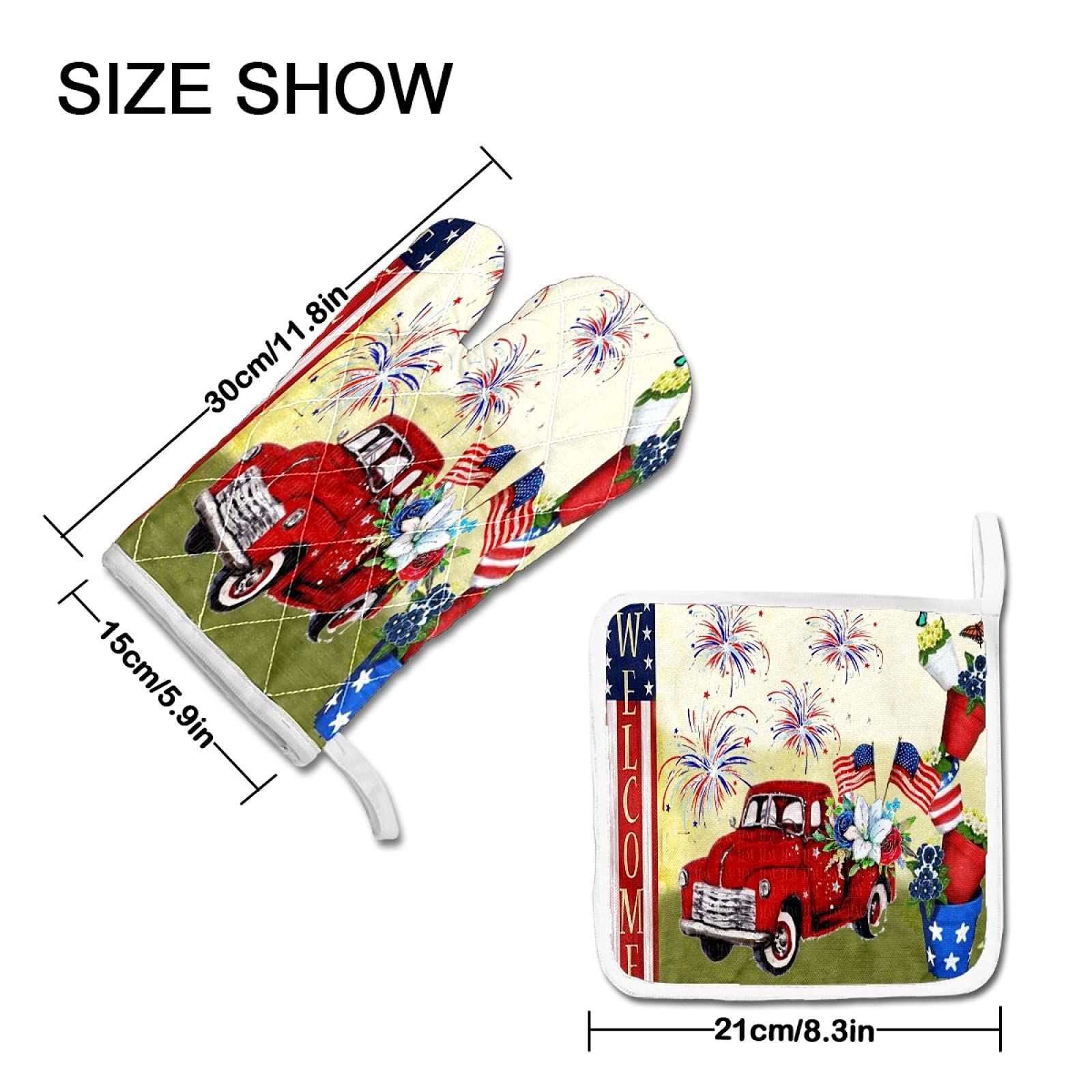 Oven Mitts and Pot Holders Kitchen Gloves Non Slip Oven Mitts and Hot Pads BBQ Gloves Oven Mitts and Hot Pads for Kitchen Cooking Baking Grilling Spring Patriotic Small Red Truck American Flag