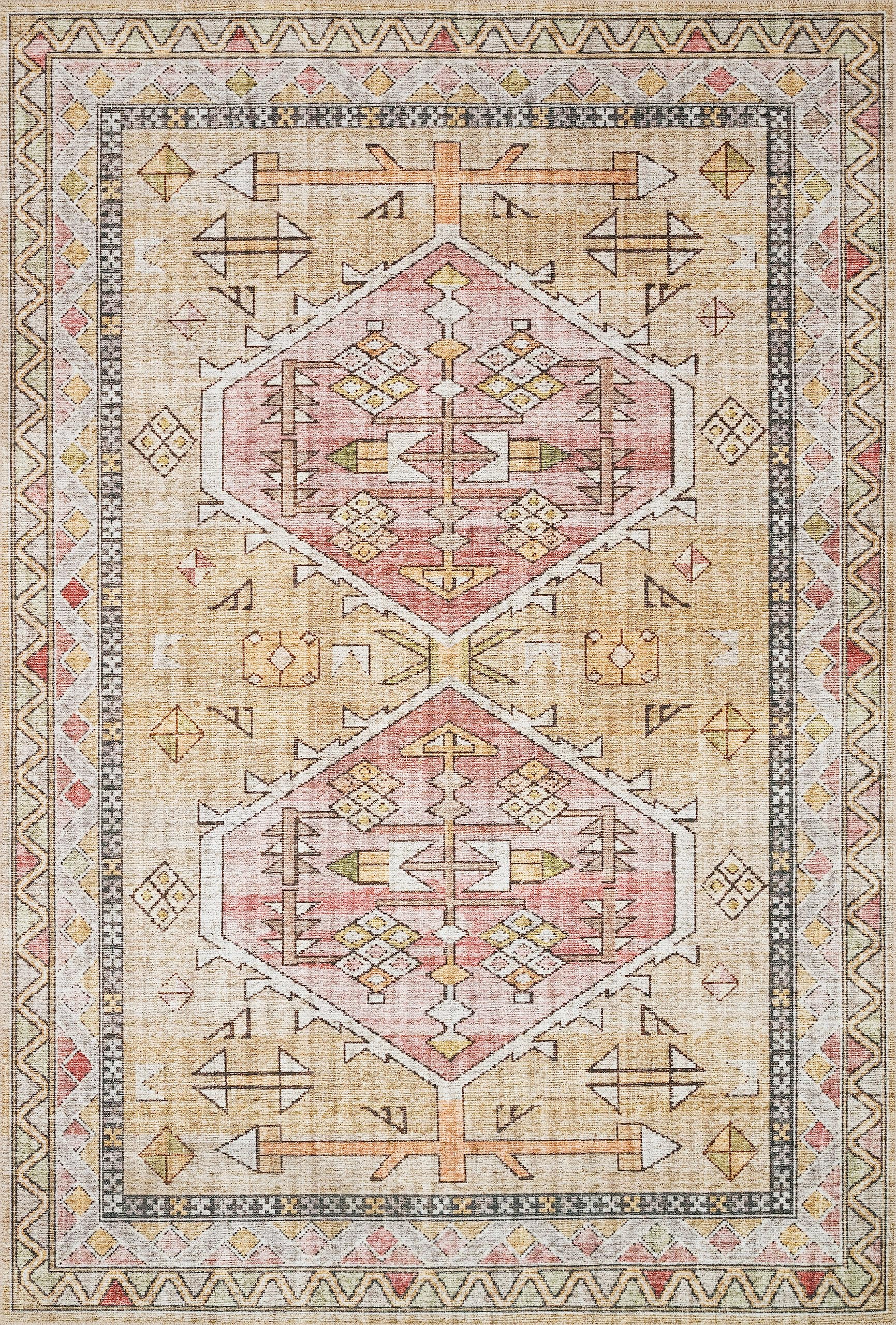 Loloi II Skye Collection SKY-04 Gold/Blush 9'-0" x 12'-0", 13" Thick,Area Rug,Soft,Durable,Vintage Inspired,Distressed,Low Pile,Non-Shedding,Easy Clean,Printed,Living Room Rug