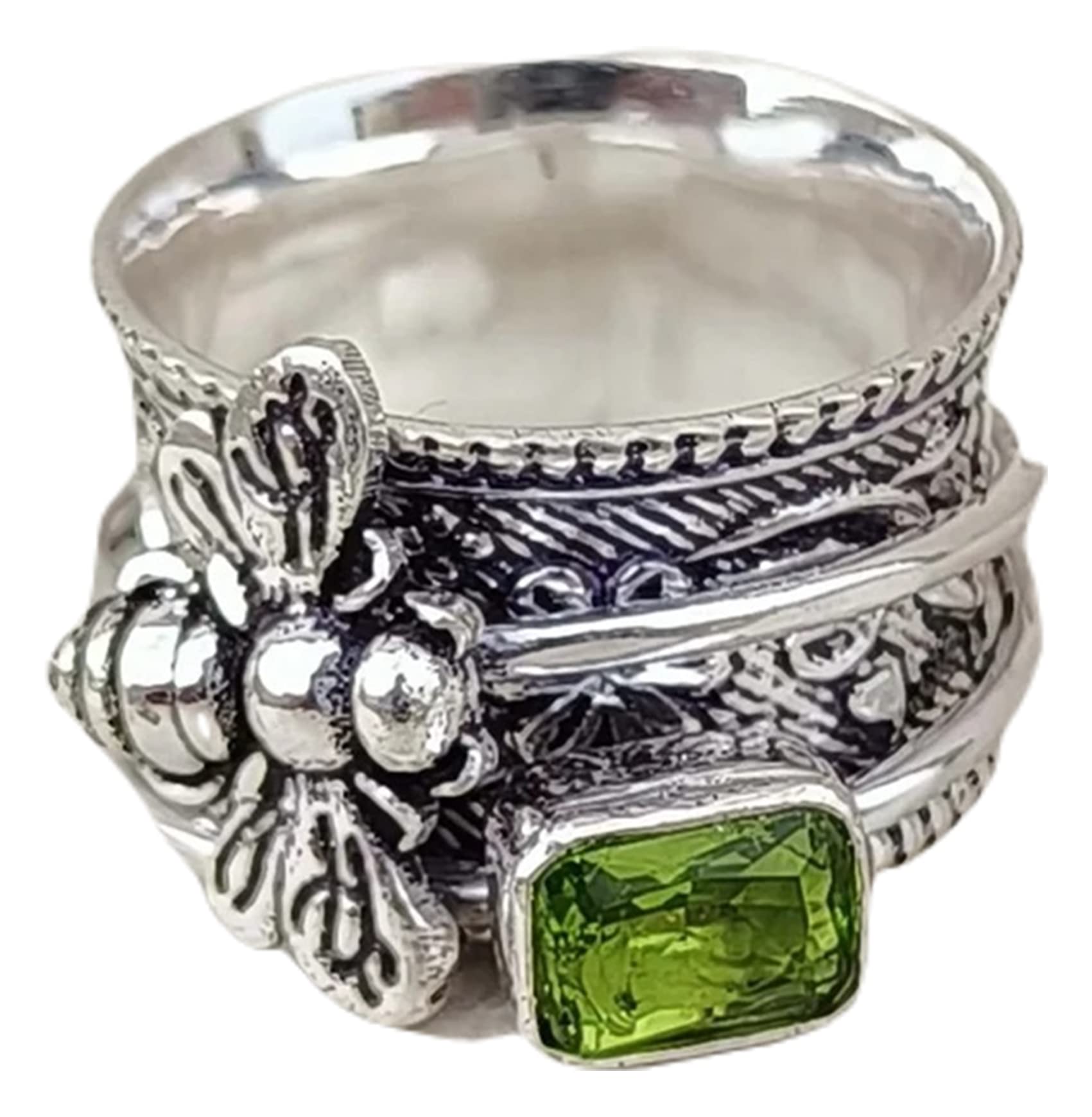 Rings For Women's Natural Peridot Silver Spinner Ring 925 Sterling Silver Faceted Cut Peridot Spinner Ring Designer Hand Carved Honey Bee Silver Ring Gift , Green, Free Size