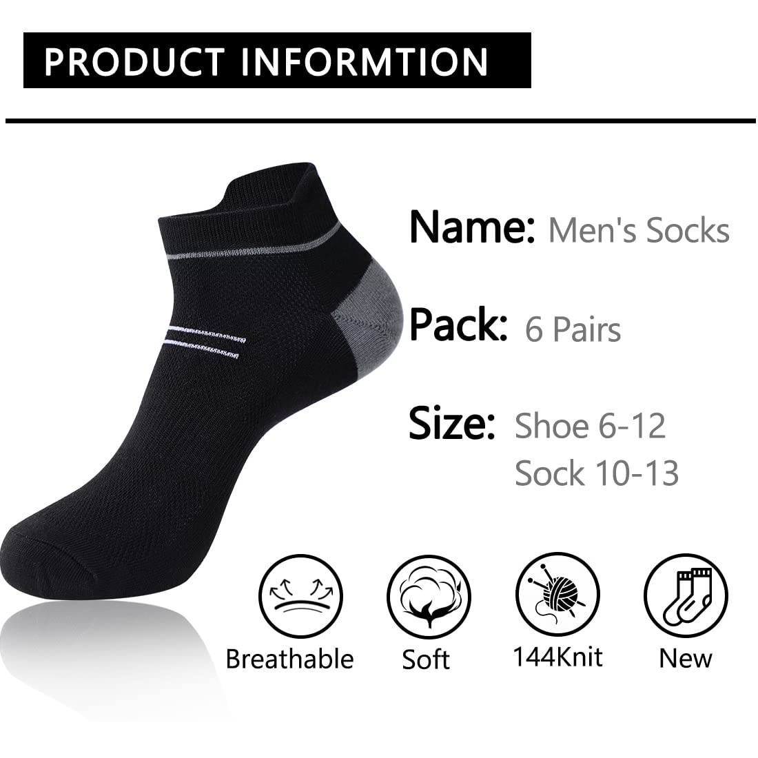 pureluca No Show Ankle Socks Low Cut Socks for Men&Women, Non Slip, 6 Pairs Black