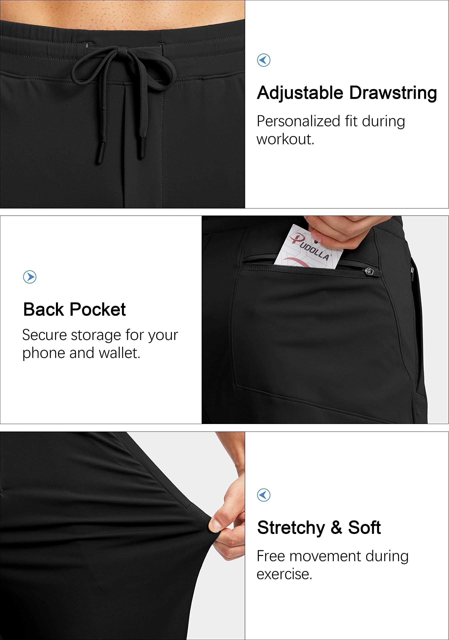 Pudolla Men's Joggers Sweatpants with 3 Zipper Pockets Workout Track Pants for Men Running Gym Walking Casual Golf(Black XX-Large)
