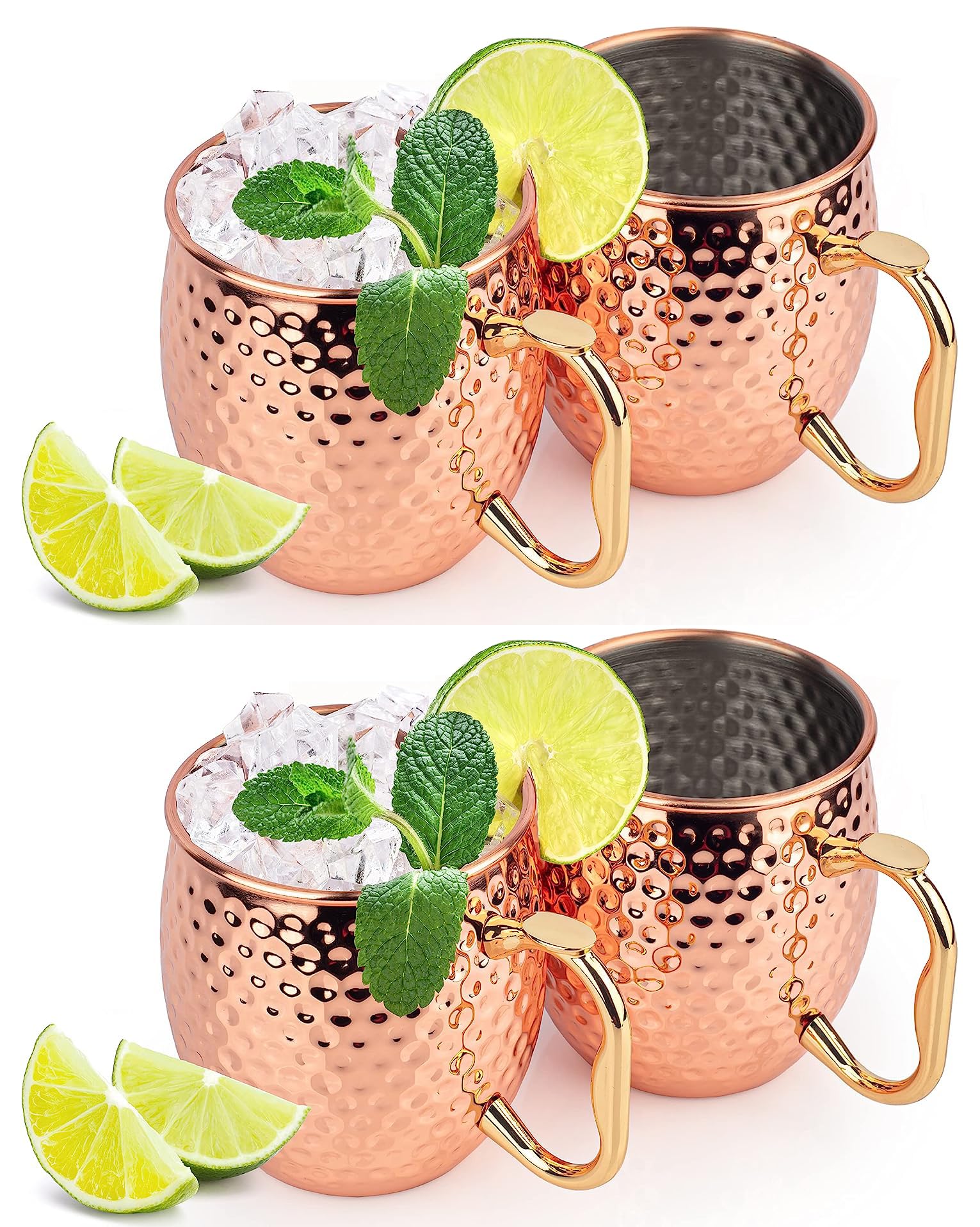 Moscow Mule Mugs | Thumb Rest Gold Brass Handles | Large Size 19 ounces | Set of 4 Hammered Cups | Stainless Steel Lining | Pure Copper Plating | Gift Set