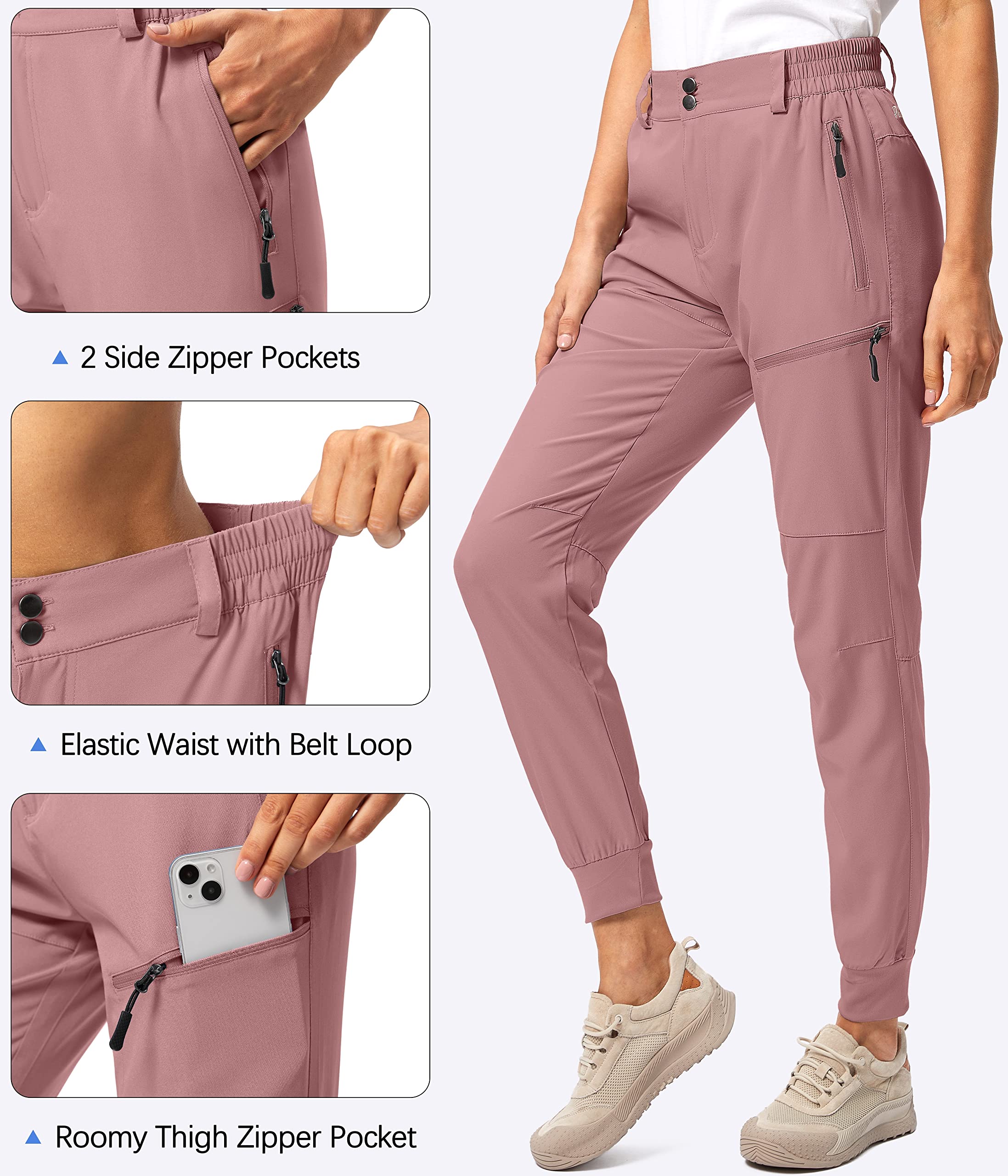 Pudolla Women's Golf Joggers Lightweight Hiking Cargo Pants Waterproof for Travel Camping Walk with Zipper Pockets(Dusty Pink Medium)