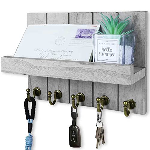 Wood Key Mail Holder Wall-Mounted - Key Holder with 5 Vintage Key Hooks, Key Holder for Wall Decorative, Rustic Key Hanger, Key Rack for Leash, Mail Holder with Shelf for Entryway, Office, White Grey