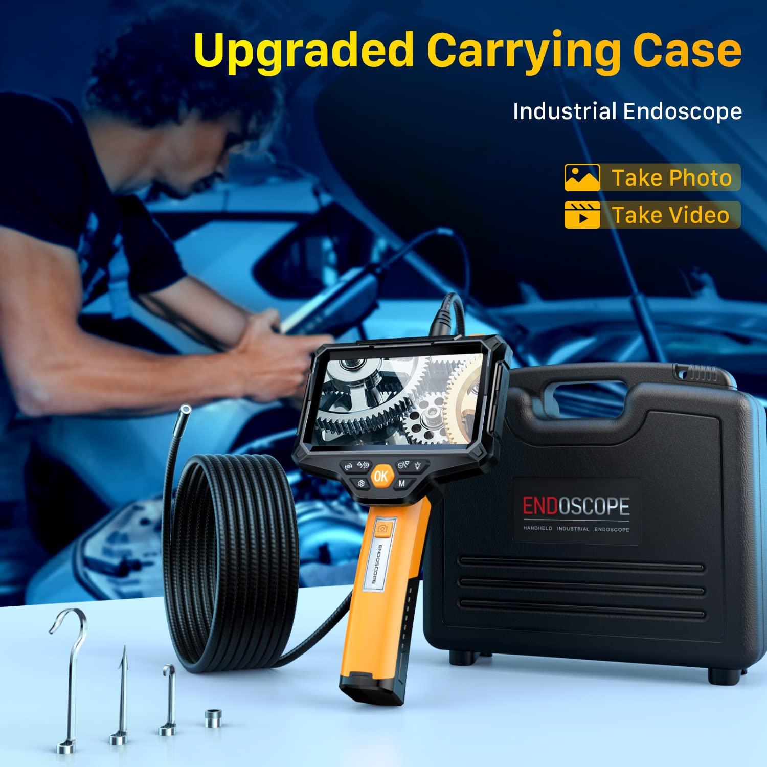 Triple Lens Borescope, FOXOLA Endoscope Camera with Light, 5" Digital Video Industrial Inspection Camera,16.4FT Waterproof Semi-Rigid Snake Camera,Tool for Home/Pipe/Automotive,With 32GB Card and Case