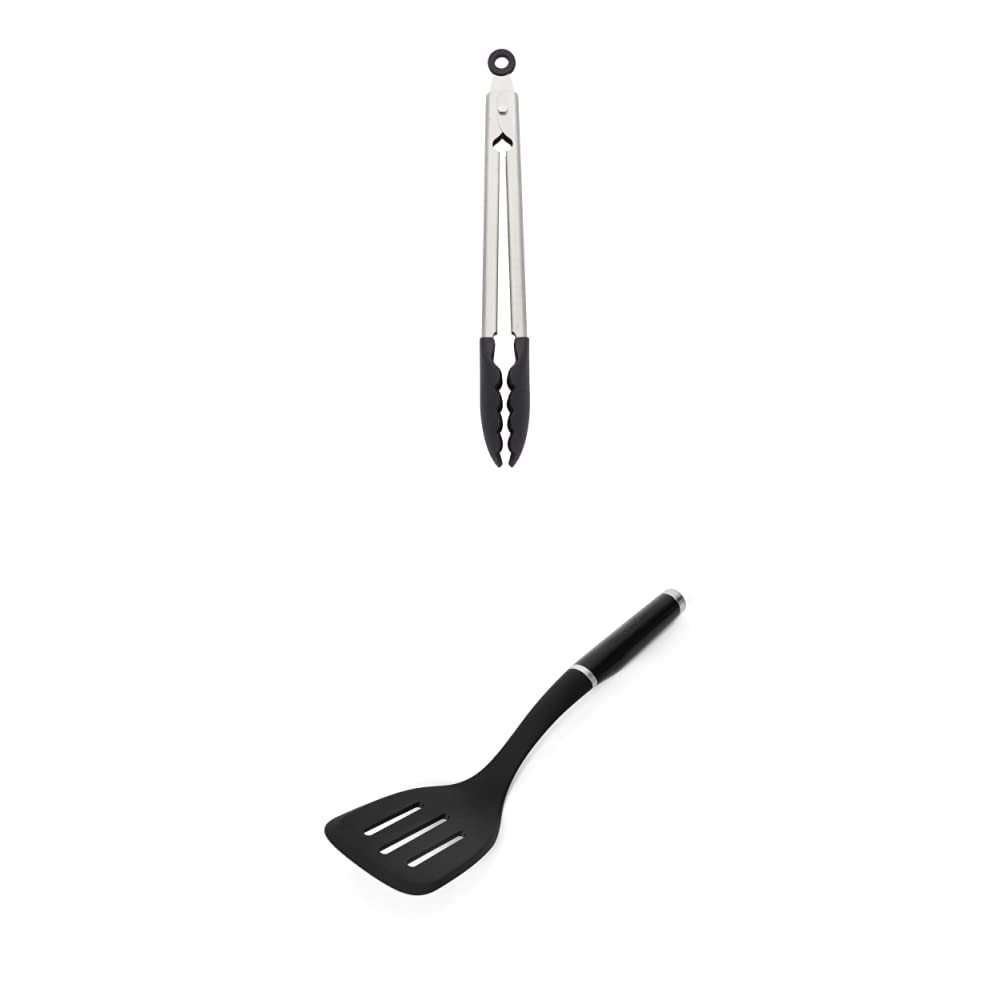 KitchenAid Silicone Tipped Stainless Steel Tongs, 10.26 Inch, Black & KitchenAid Classic Slotted Turner, One Size, Black 2, 13.66-Inch