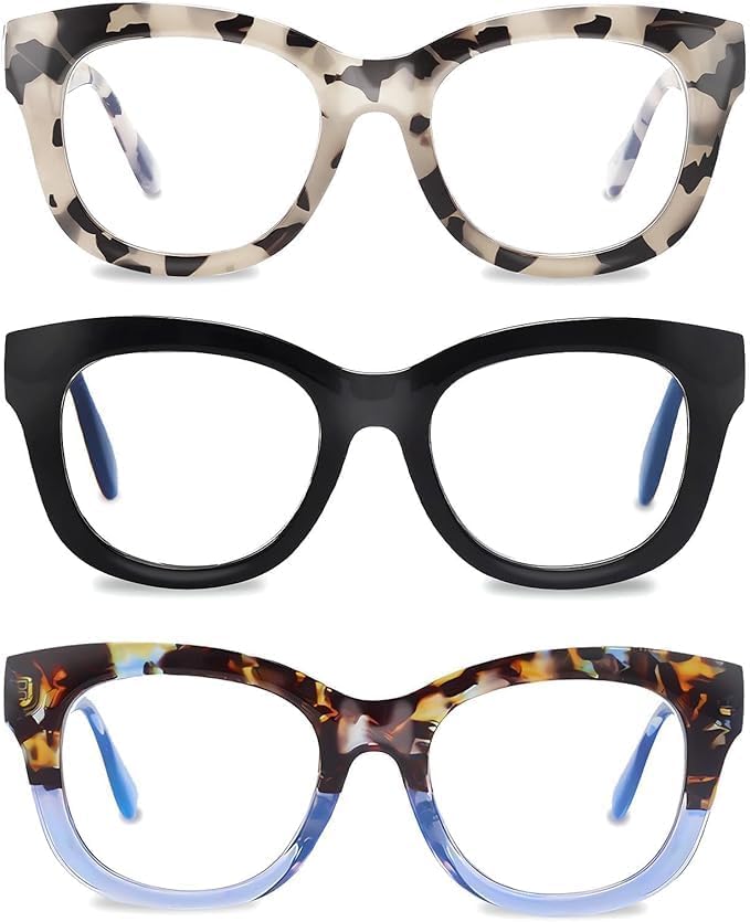 LADEESSE Readers for Women Oprah Style 3 Pack Square Oversized Reading Glasses with Spring Hinge Blue Light Blocking Ladies (Black+Grey+Blue, 2.50)